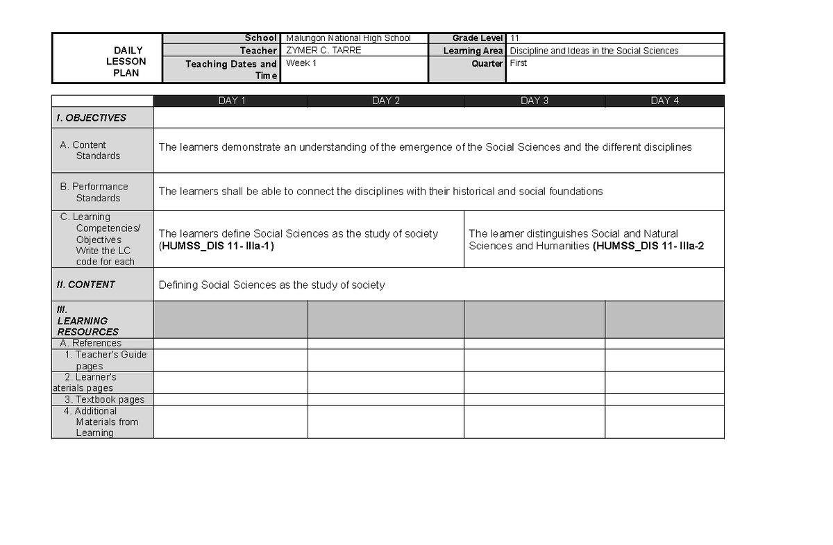 Dlp diss week 1 - DISS NOTES - DAILY LESSON PLAN School Malungon ...