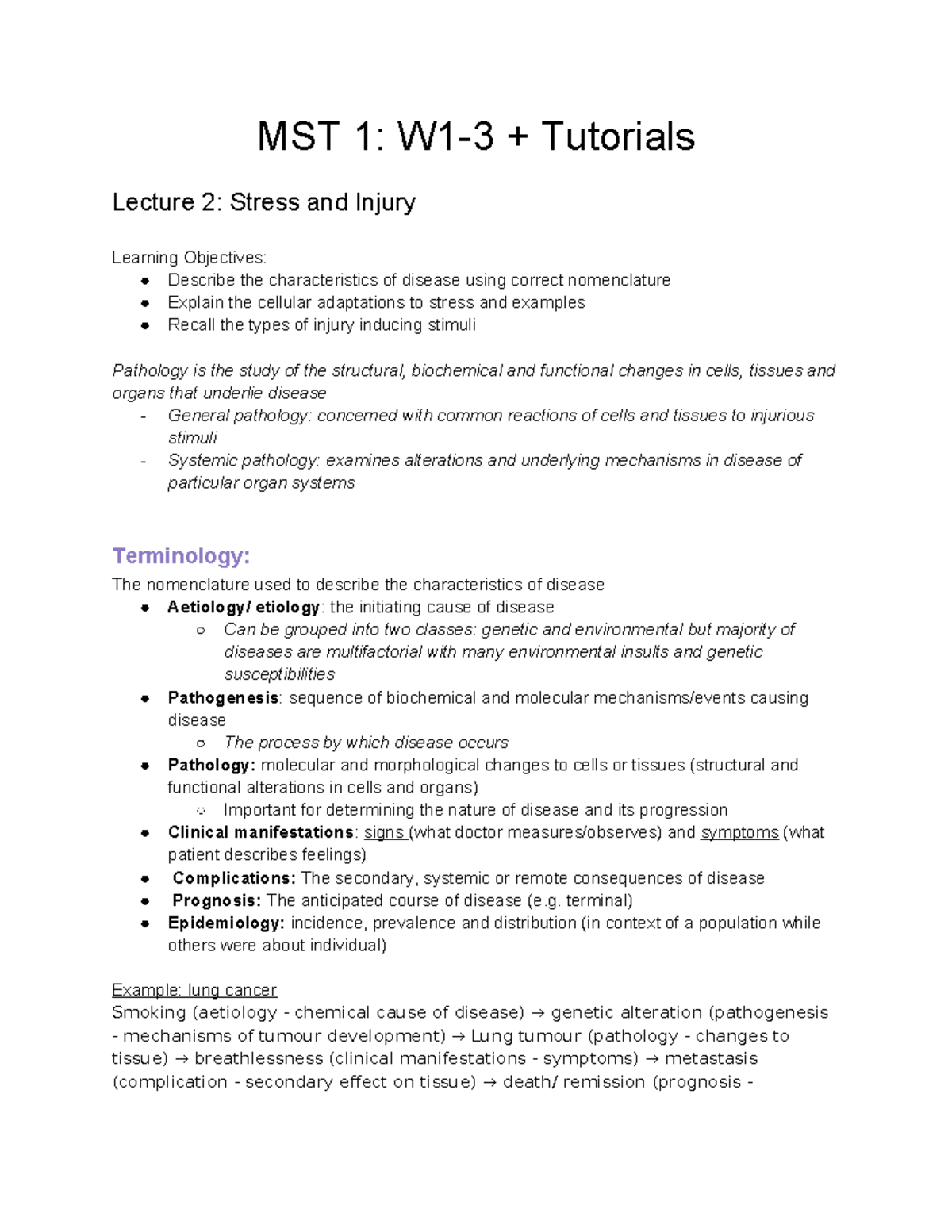 Pathology Summary - MST 1: W1-3 + Tutorials Lecture 2: Stress and Injury Learning Objectives ...