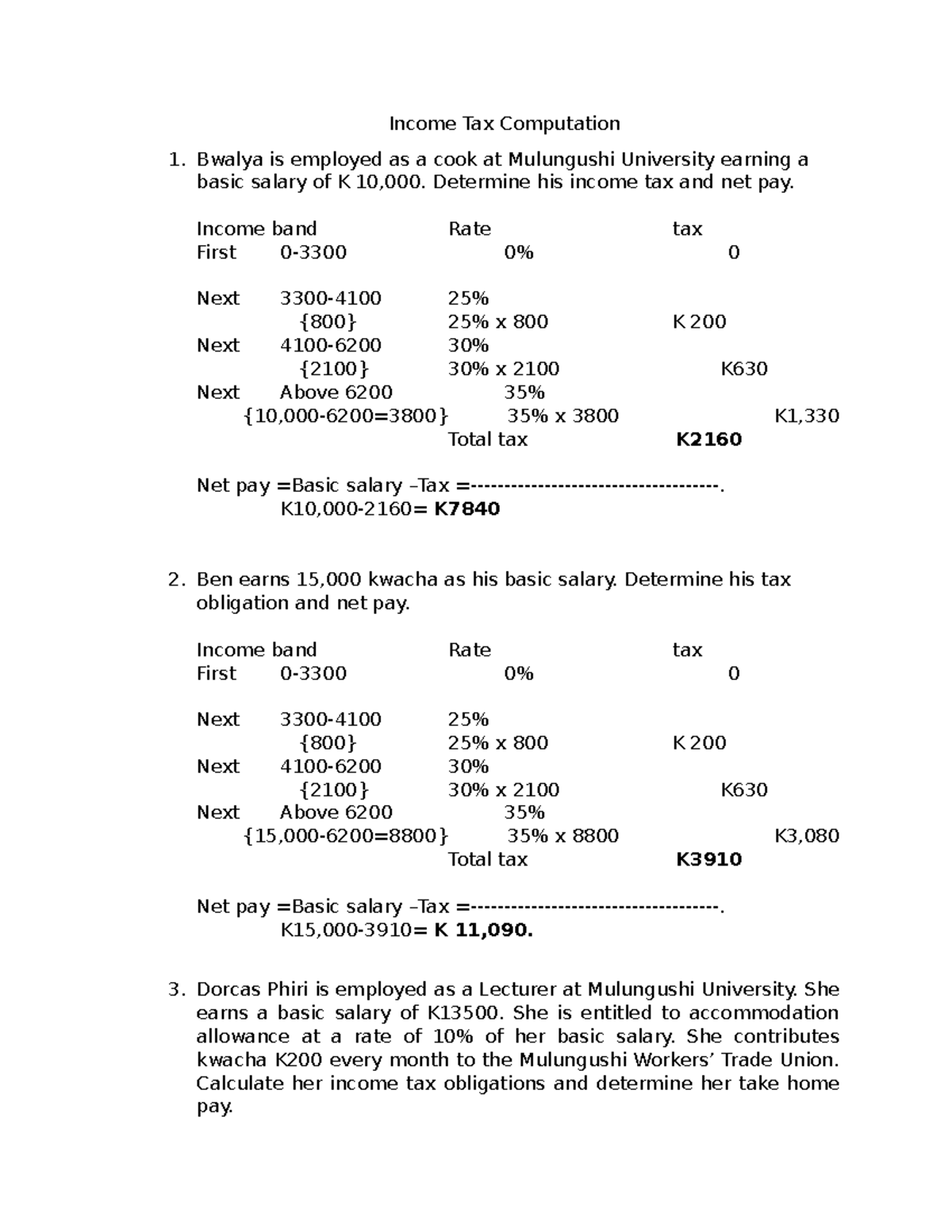 Income Tax Computation - Income Tax Computation Bwalya is employed as a ...