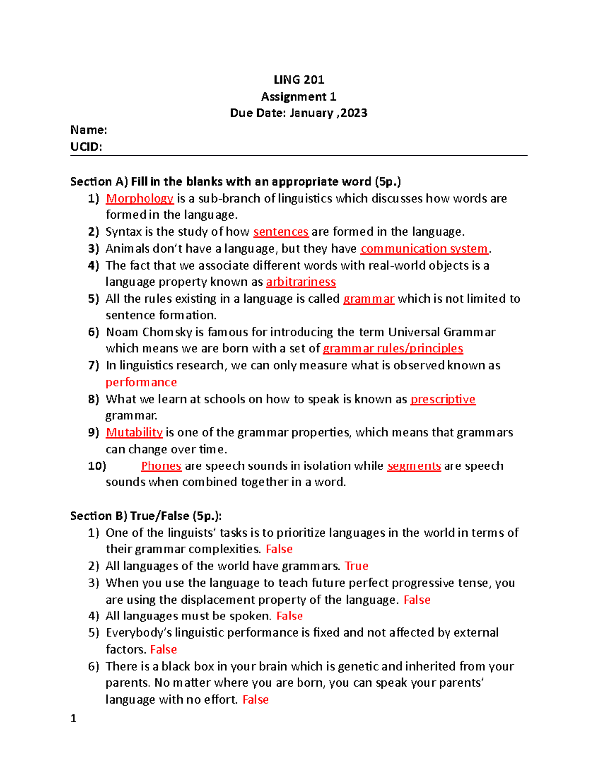 A1 key - this is the assignment key - LING 201 Assignment 1 Due Date ...