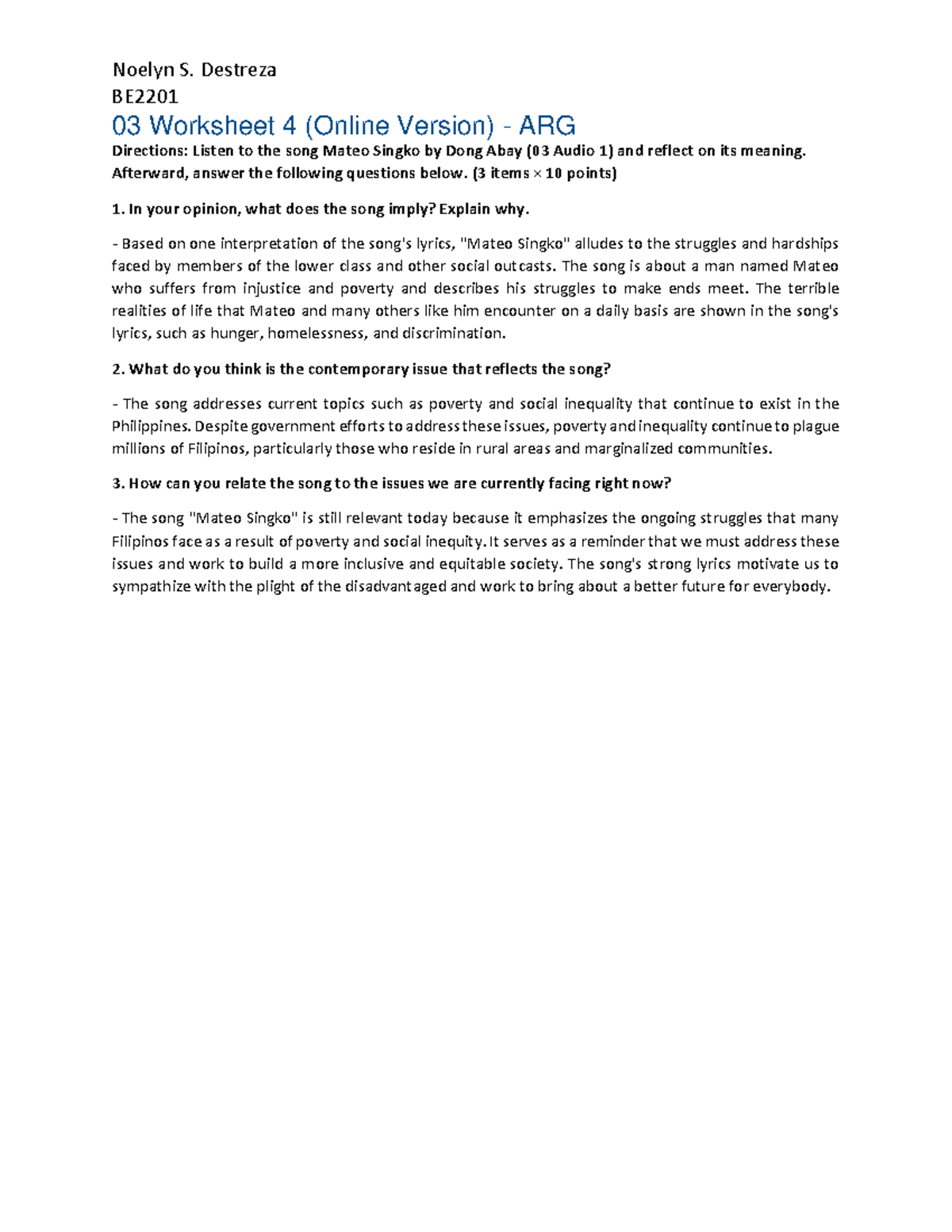 03 Worksheet 4 Pop Culture - Noelyn S. Destreza BE 03 Worksheet 4 ...