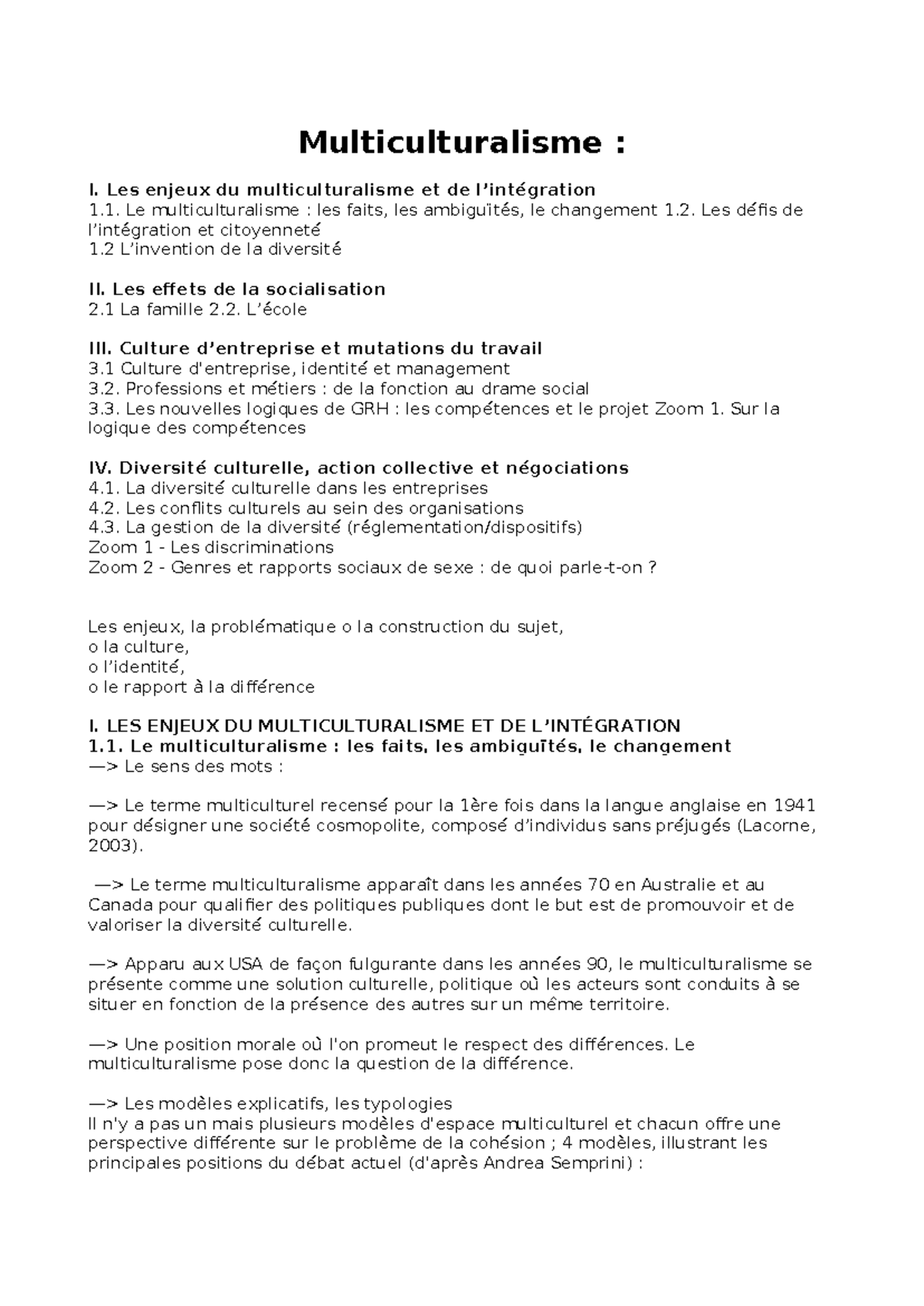 I. Les enjeux du multiculturalisme et de l’intégration ...