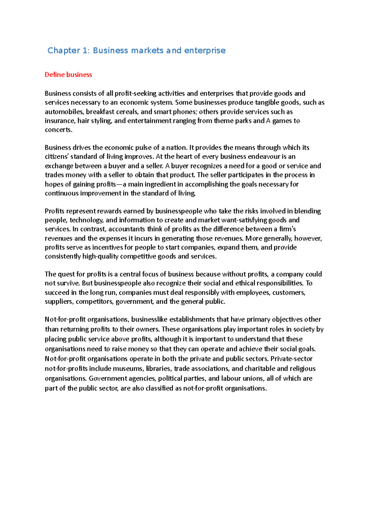 Chapter 1-5 notes - Chapter 1: Business markets and enterprise Define ...