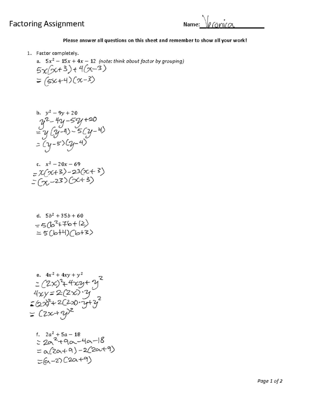 Factor Assignment - NEW - Factoring Assignment Name: Page 1 of 2 Please ...
