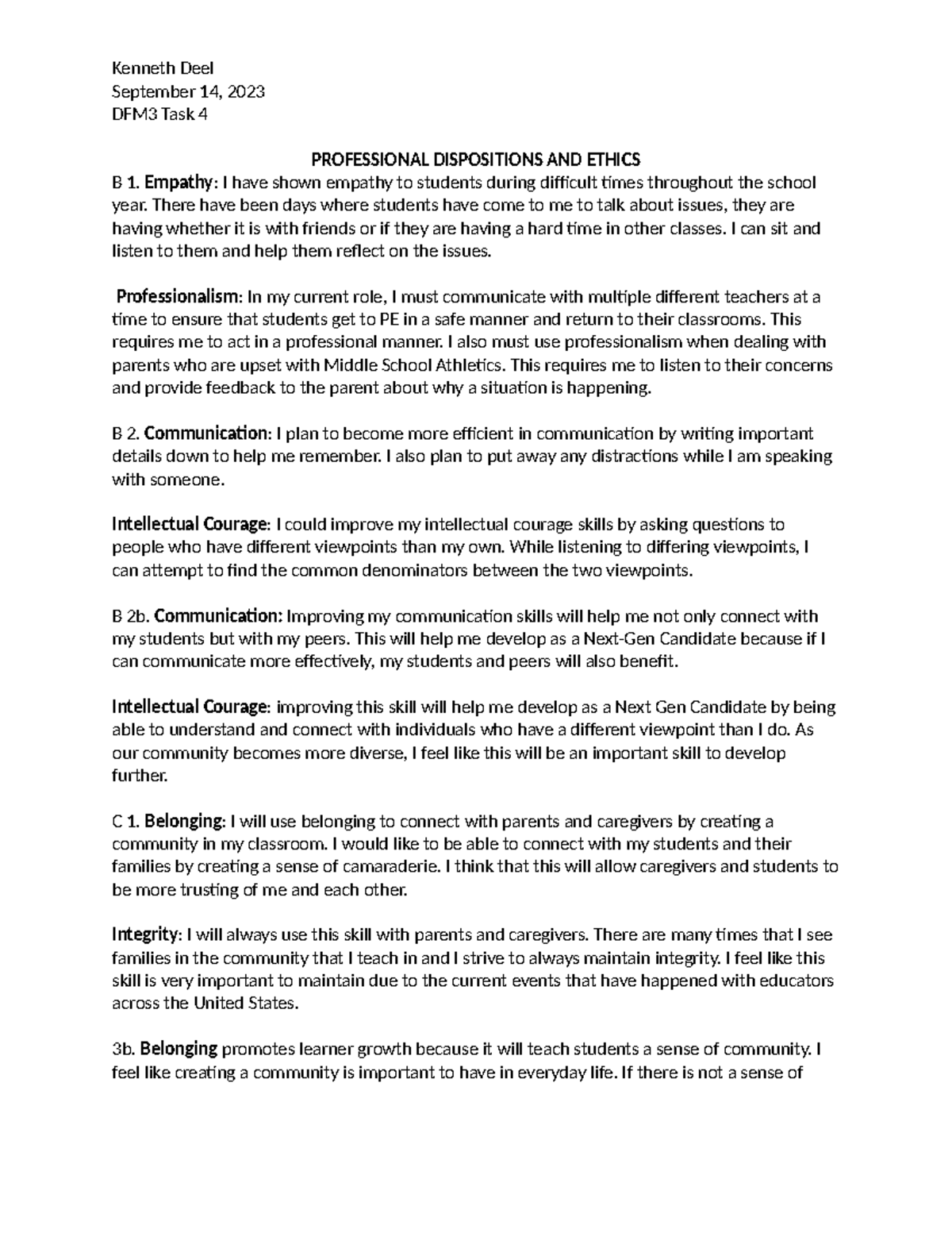 DFM3 Task 4 Professional Dispositions AND Ethics - Kenneth Deel ...