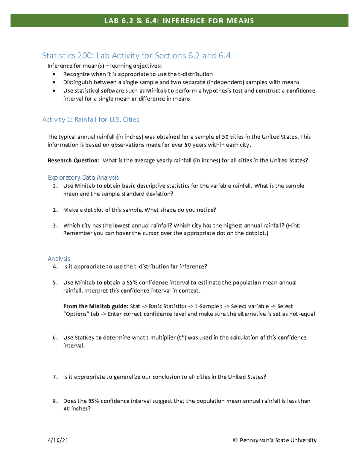 Section 06.2 6.4 Shared lab - Statistics 200: Lab Activity for Sections ...