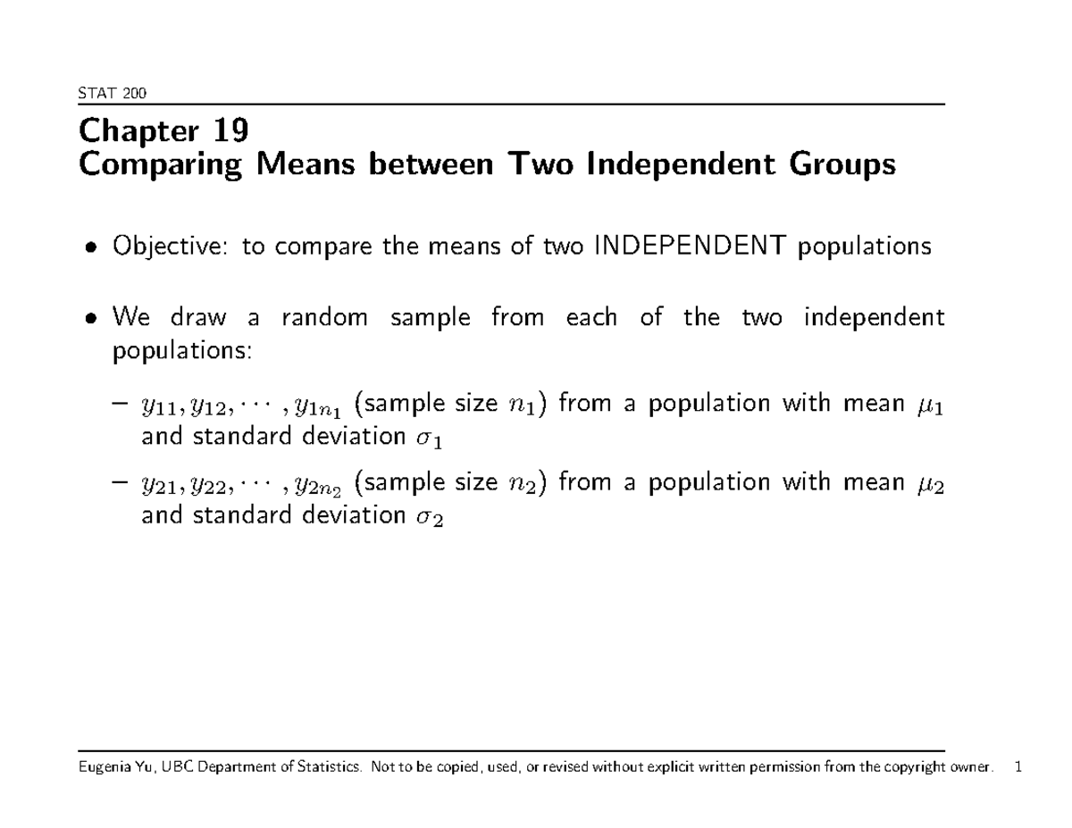 200ch19 slides - lecture notes - Chapter 19 Comparing Means between Two ...