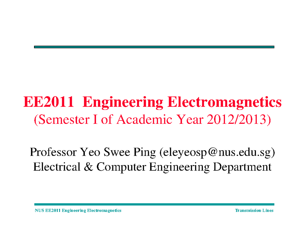 EE2011 intro - EE2011 Engineering ElectromagneticsEE2011 Engineering Electromagnetics (Semester ...
