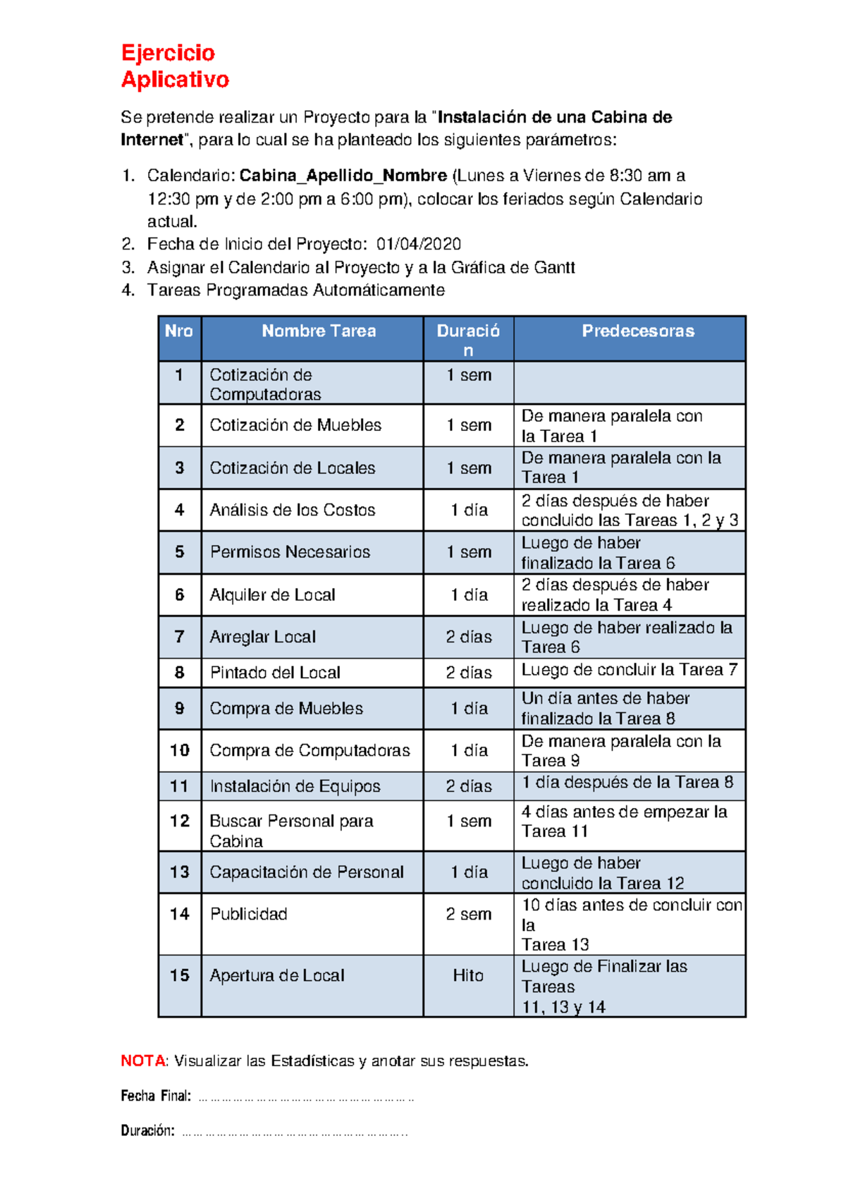 practica calendario proyecto - Ejercicio Aplicativo Se pretende ...