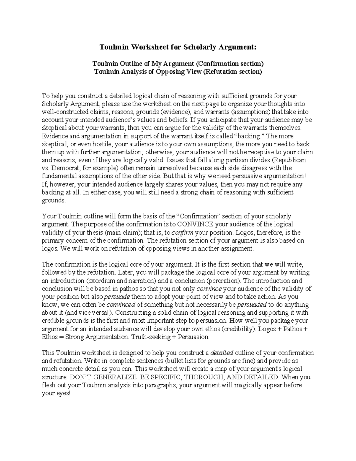 Toulmin worksheet Final - Toulmin Worksheet for Scholarly Argument ...
