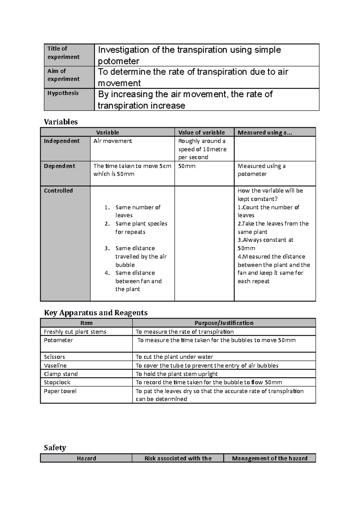 Rate of transpiration - Lecture notes 7 - Title of experiment ...