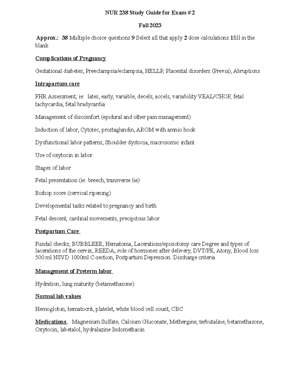 Exam 2 Study guide Fall 2023 NUR 238 First Half Tues Thurs - NUR 238 Study Guide for Exam # 2 ...