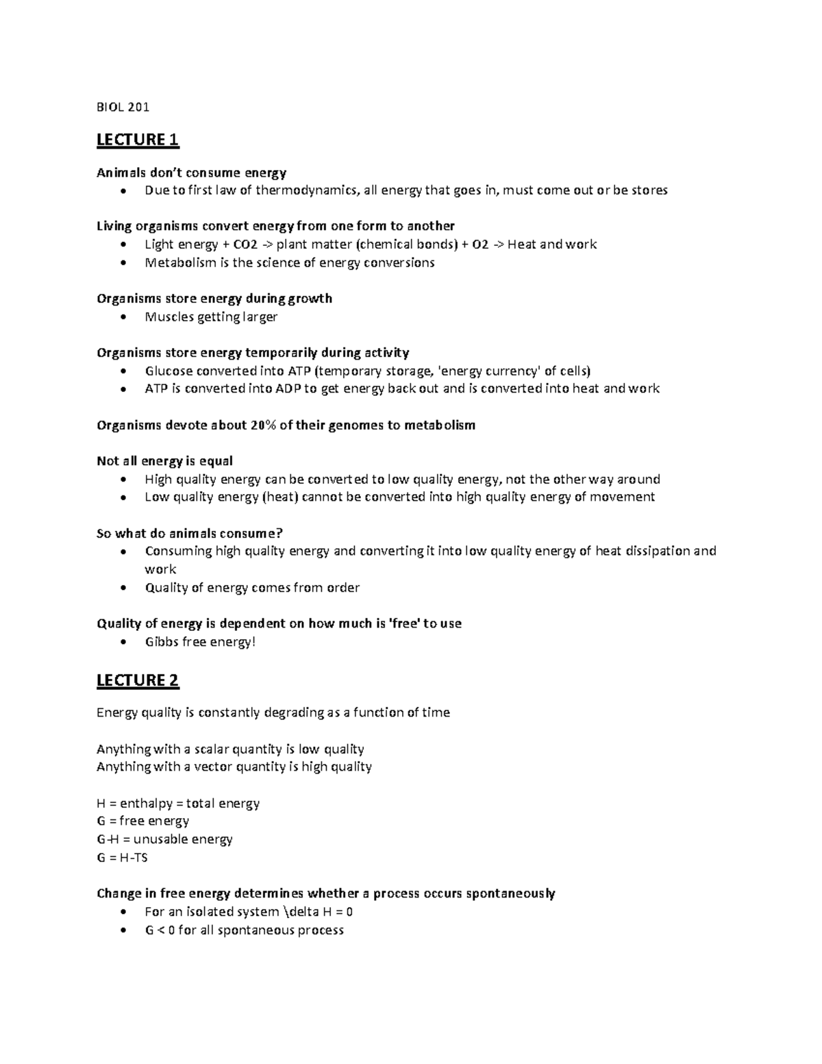Lecture 1-20, for Midterm 2 - Biol 201 - McGill - Studocu