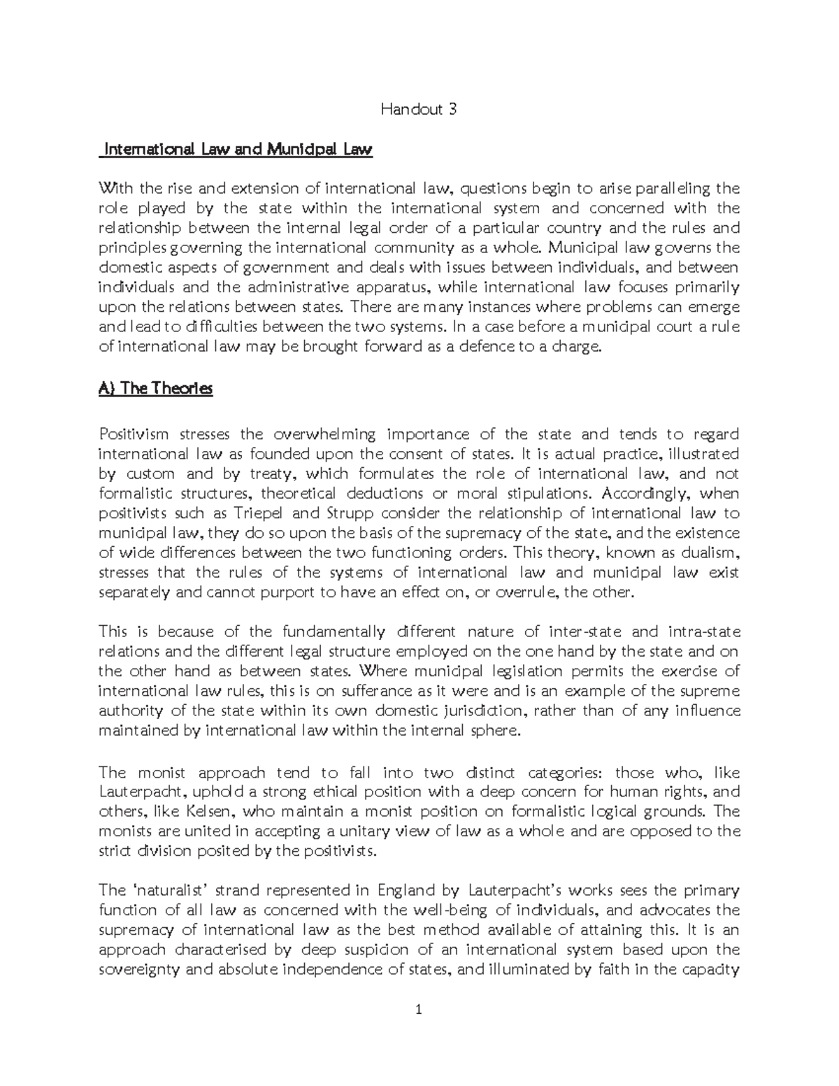 Public International Law Week3&4 - Handout 3 International Law and ...