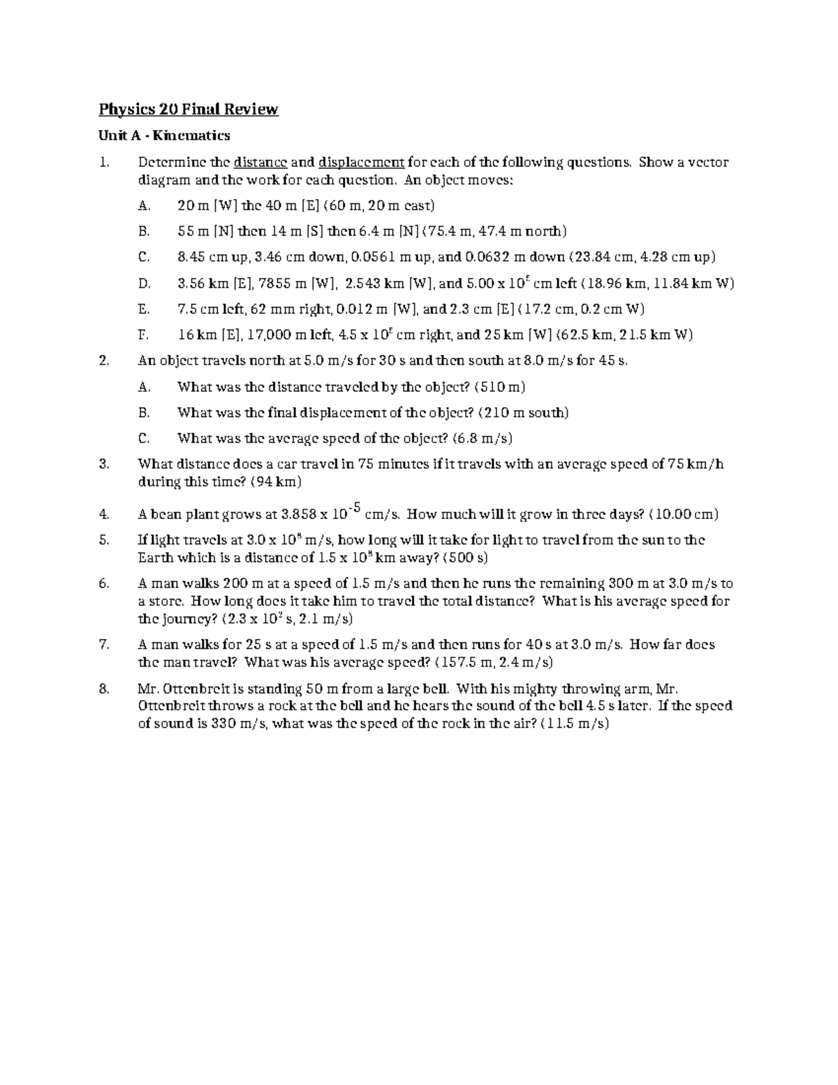 Physics 20 Final Review - Physics 20 Final Review Unit A - Kinematics ...