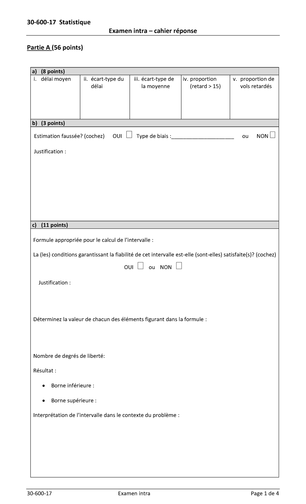 3060017 EIA cahier r‚ponse - 30 -6 0 0-1 7 Statistique Examen intra – cahier réponse Partie A ...