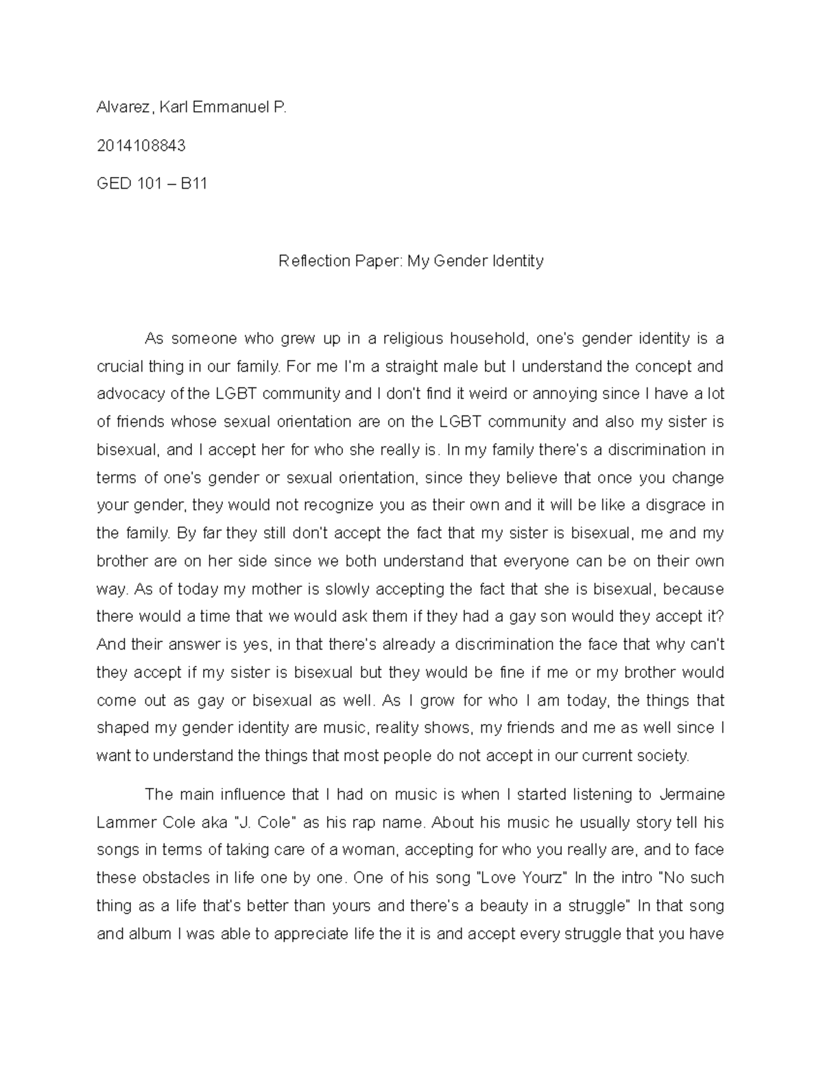 Reflection Paper My Gender Identity Alvarez - Alvarez, Karl Emmanuel P ...