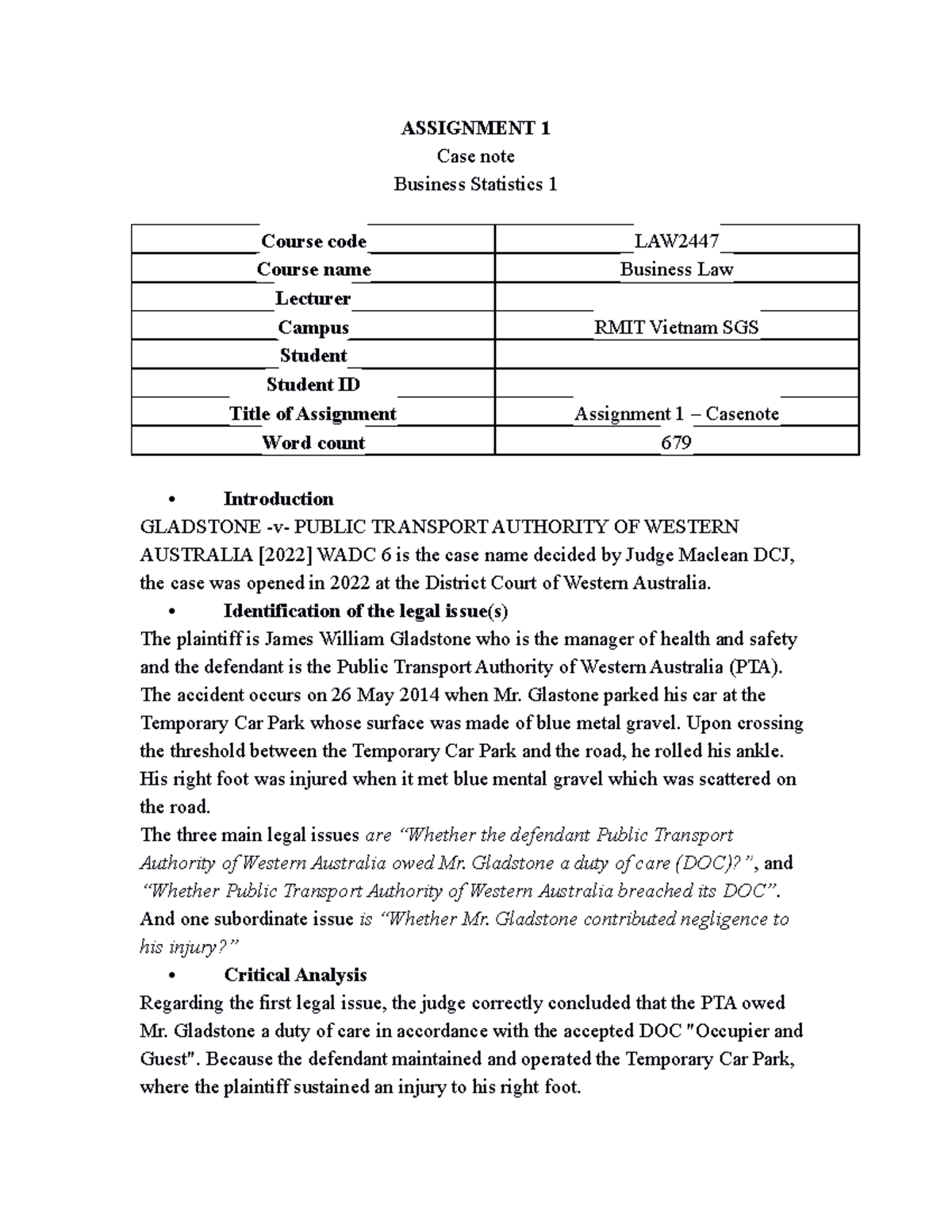 Assignment-1 Trinh-Nguyen s3916568-2 - ASSIGNMENT 1 Case note Business Statistics 1 Course code ...