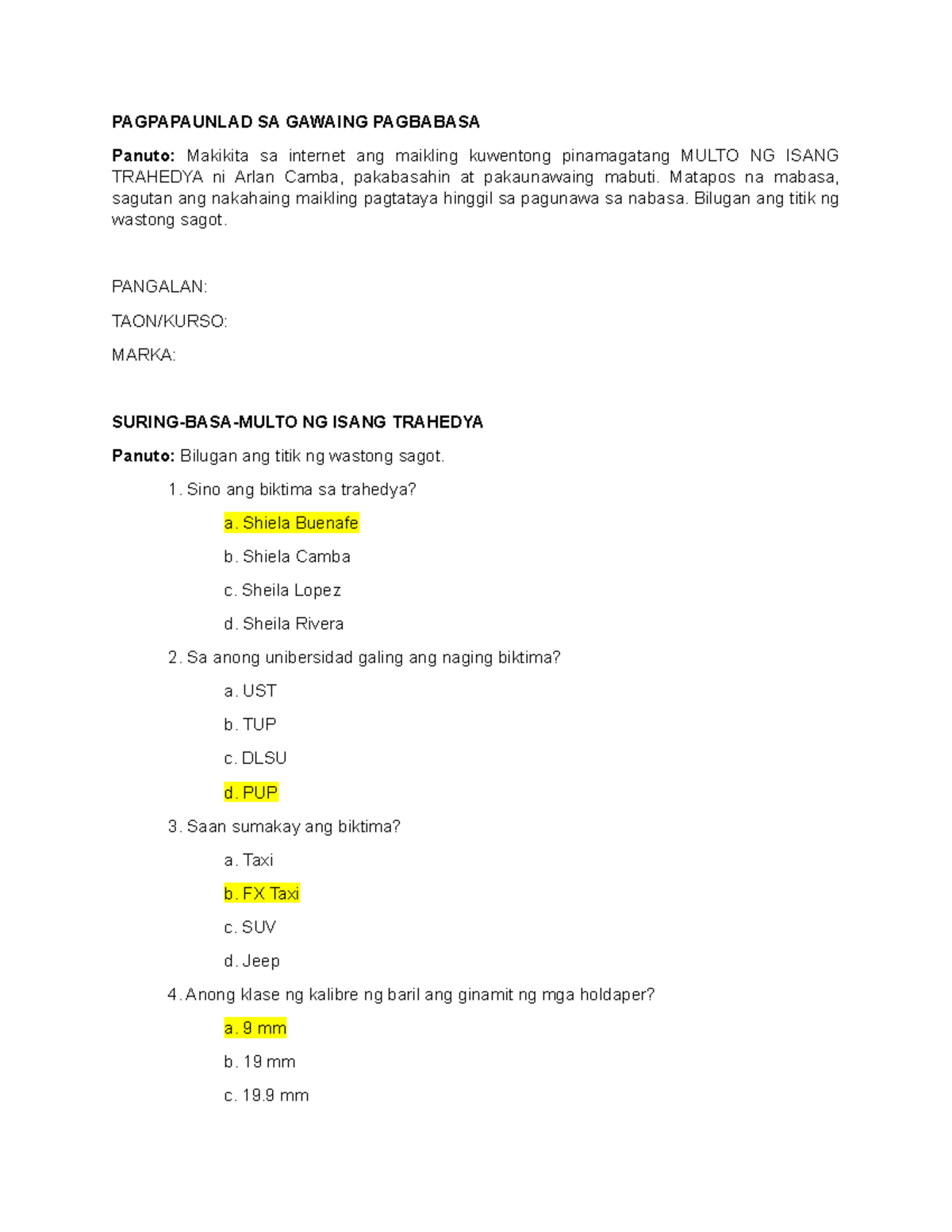 FIL123 Multo Ng Isang Trahedya - Pagbasa at Pagsusuri ng Teksto tungo ...