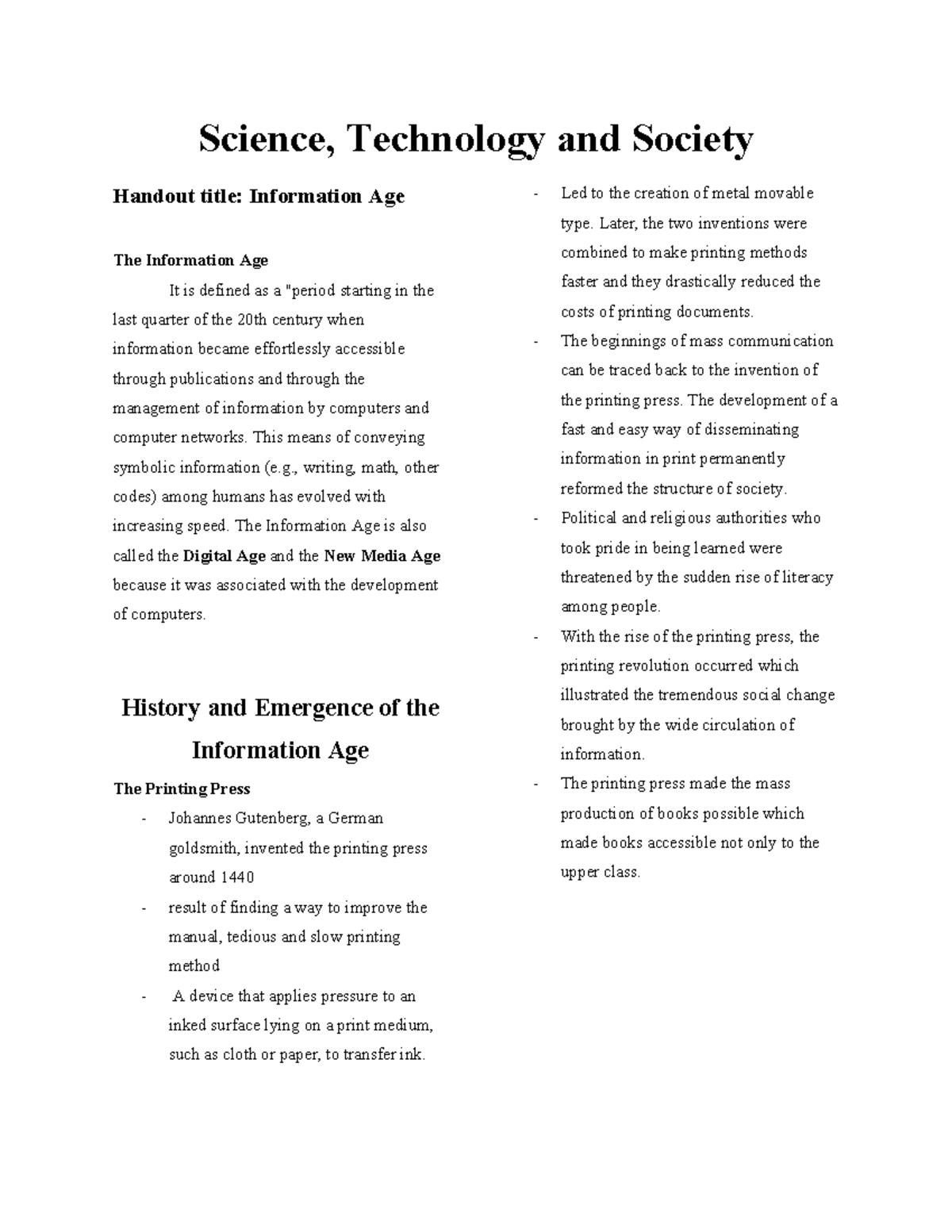 Information Age [STS] - Lecture notes 2 - Science, Technology and ...