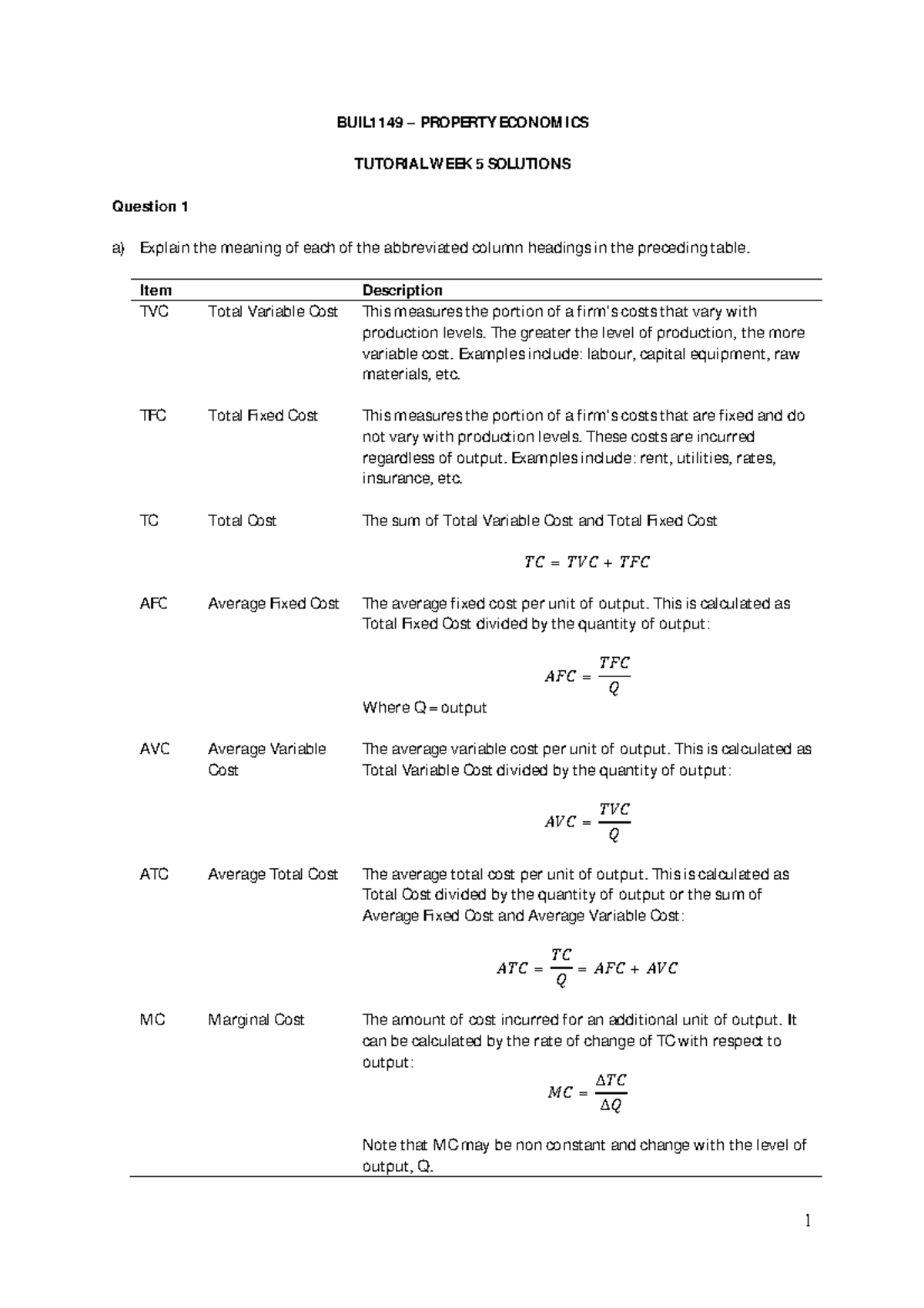 Solution Tutorial Week 5 - BUIL1149 – PROPERTY ECONOMICS TUTORIAL WEEK ...