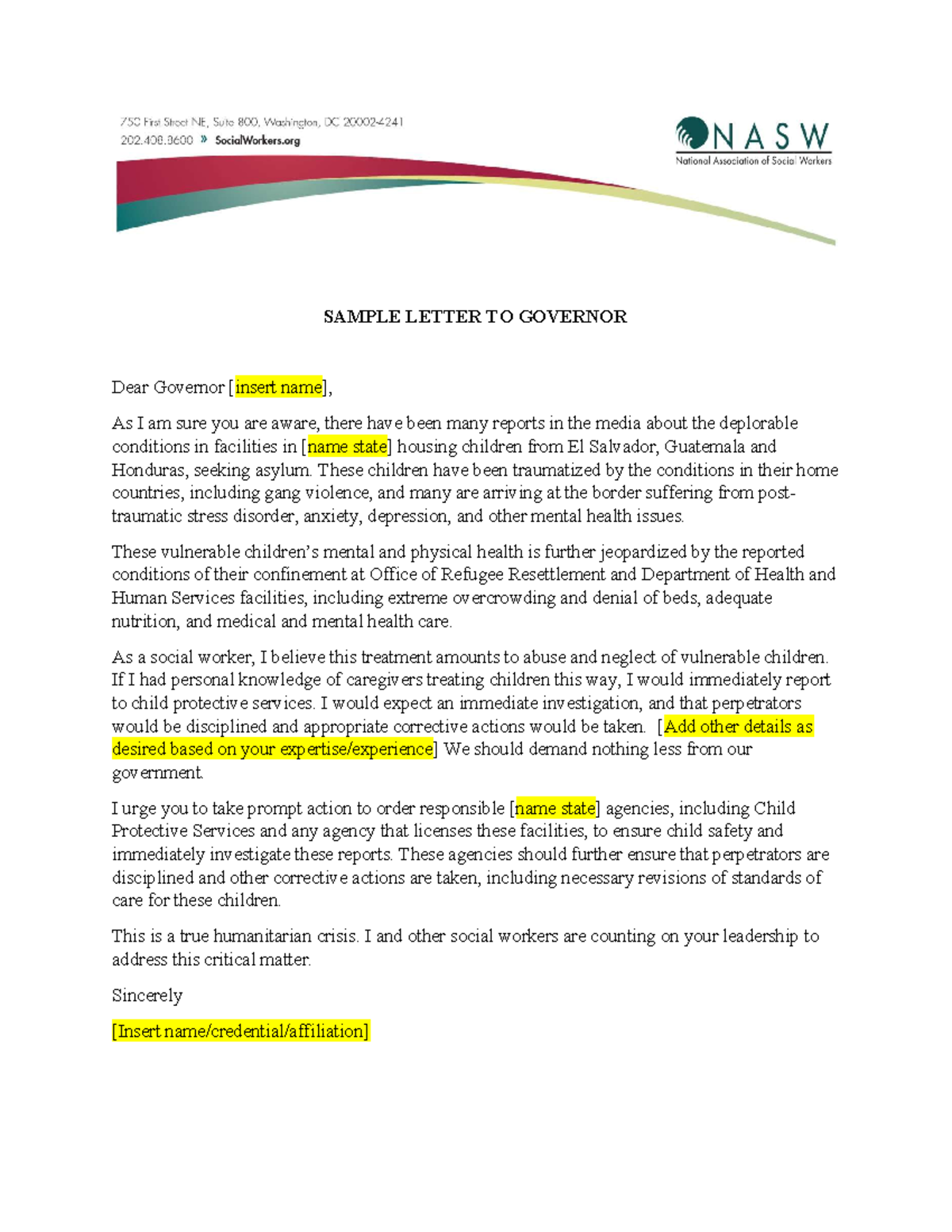 Sample Letter to Governor Child Migrants July 2019 - SAMPLE LETTER TO ...