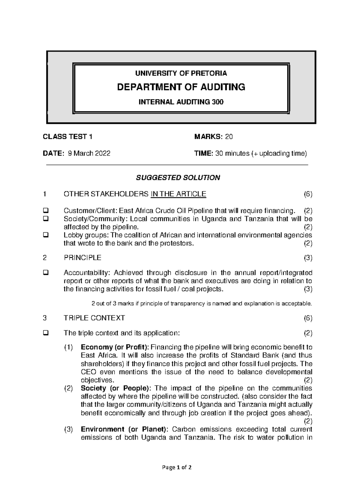 Ct 1 Ss No Password Class Test 1 Page 1 Of 2 University Of Pretoria Department Of Auditing