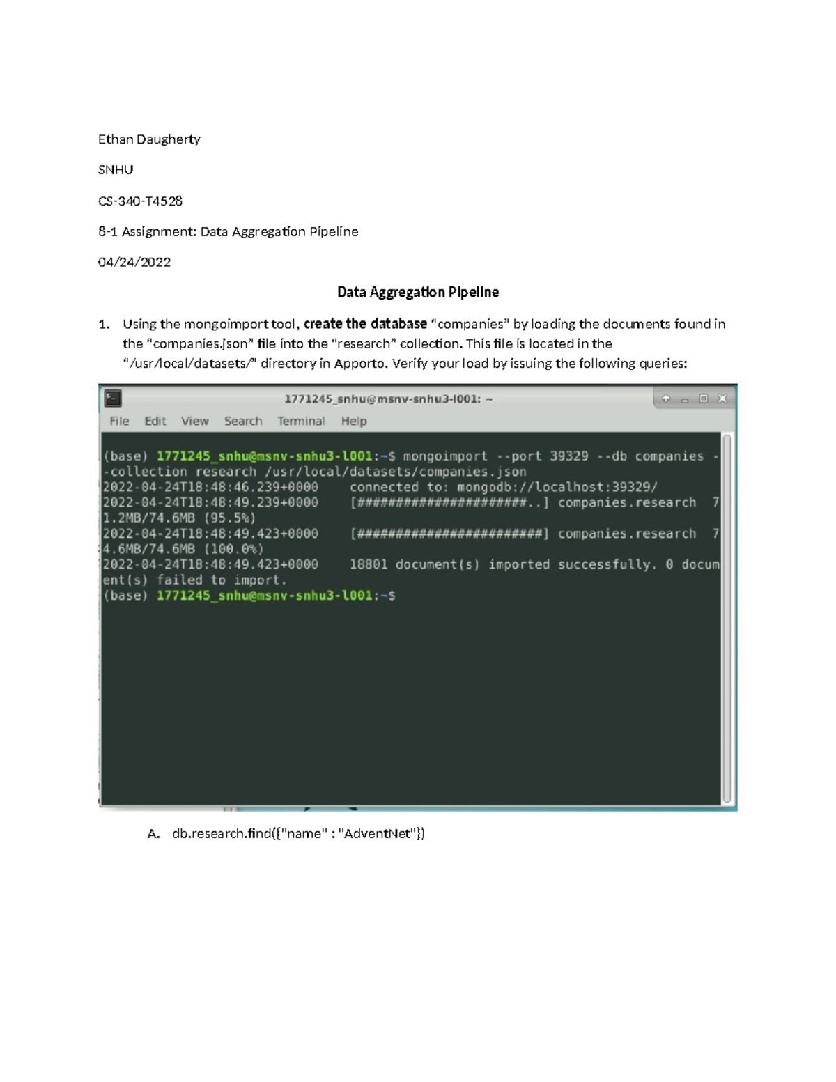Ed - CS340 - 8-1 Assignment Data Aggregation Pipeline - Ethan Daugherty SNHU CS-340-T 8-1 - Studocu