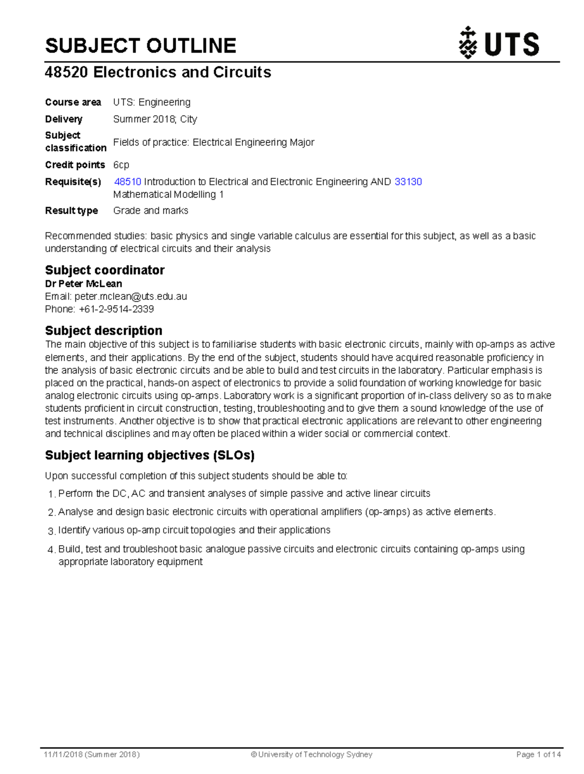Electronics and Circuits Subject Outline - SUBJECT OUTLINE 48520 ...