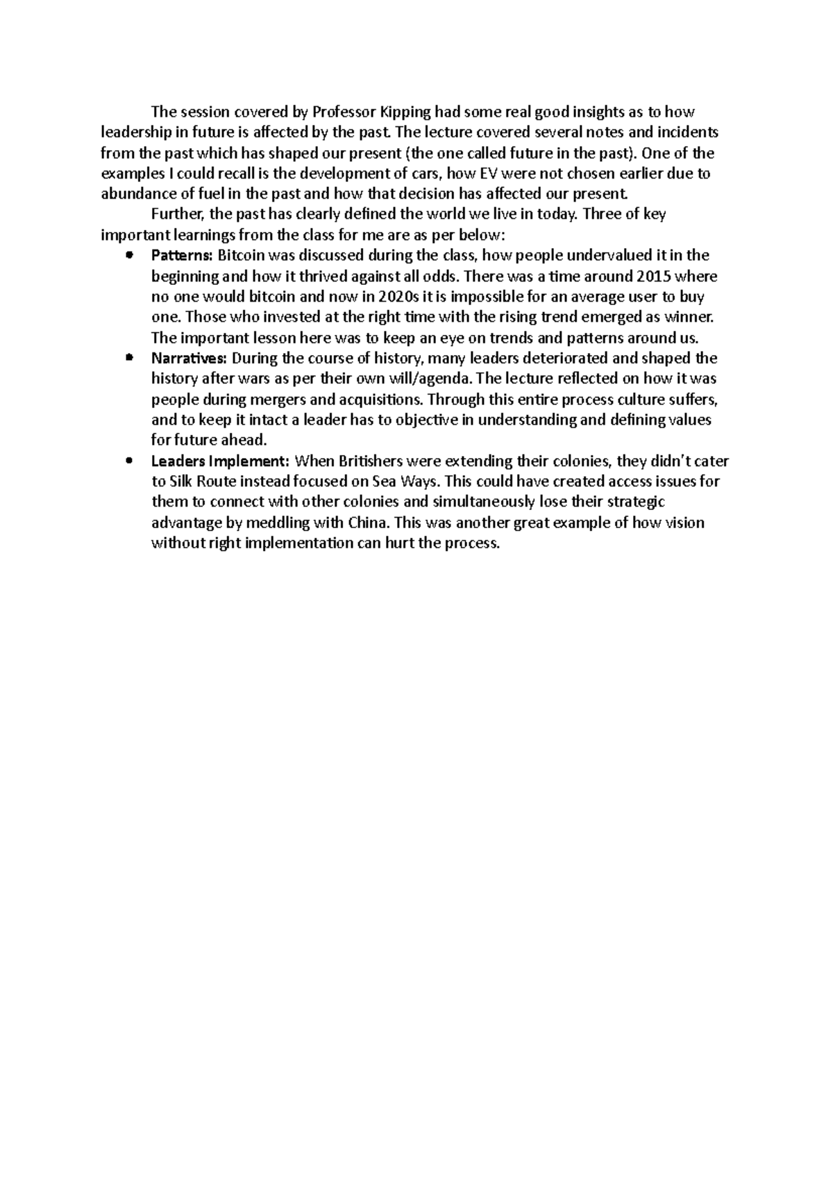 MGMT Class 8 HW- Leadership - The session covered by Professor Kipping ...