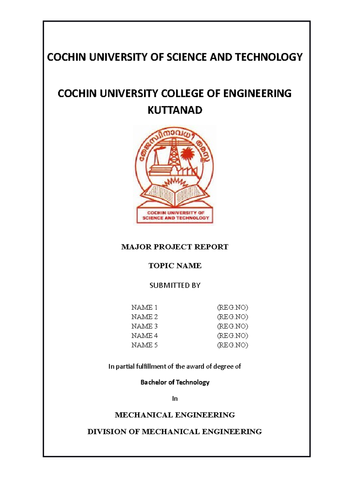 Sample Project Format-1 - COCHIN UNIVERSITY OF SCIENCE AND TECHNOLOGY ...