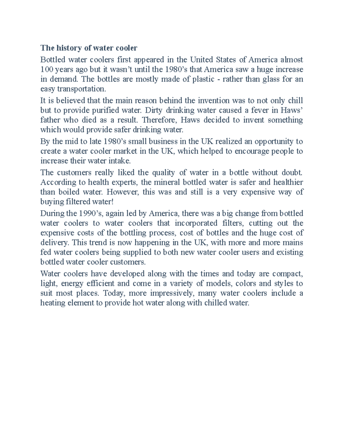 Information for English 3 - The history of water cooler Bottled water ...