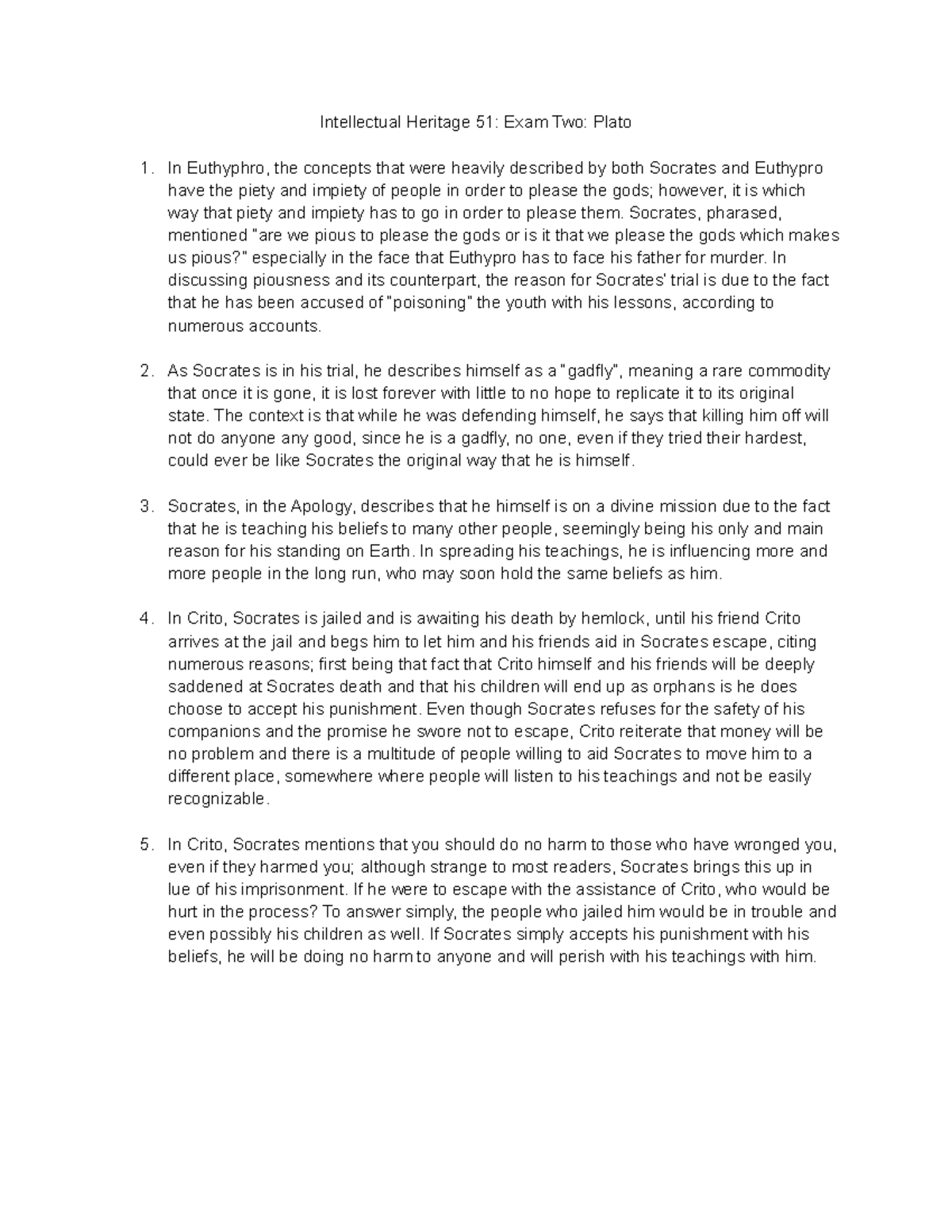 Exam 2 Plato - Intellectual Heritage 51: Exam Two: Plato In Euthyphro ...