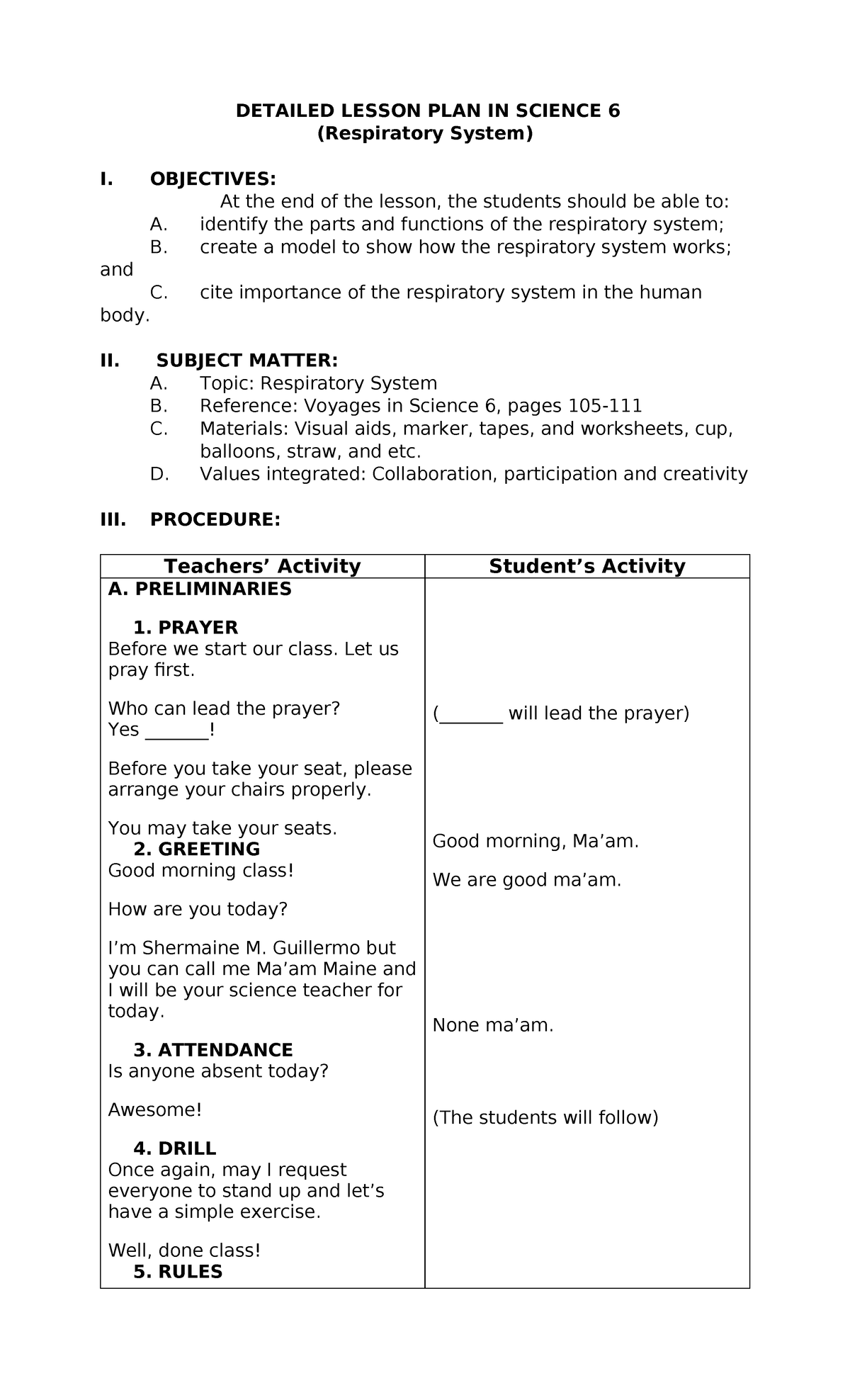 Detailed Lesson PLAN-respiratory system - DETAILED LESSON PLAN IN ...