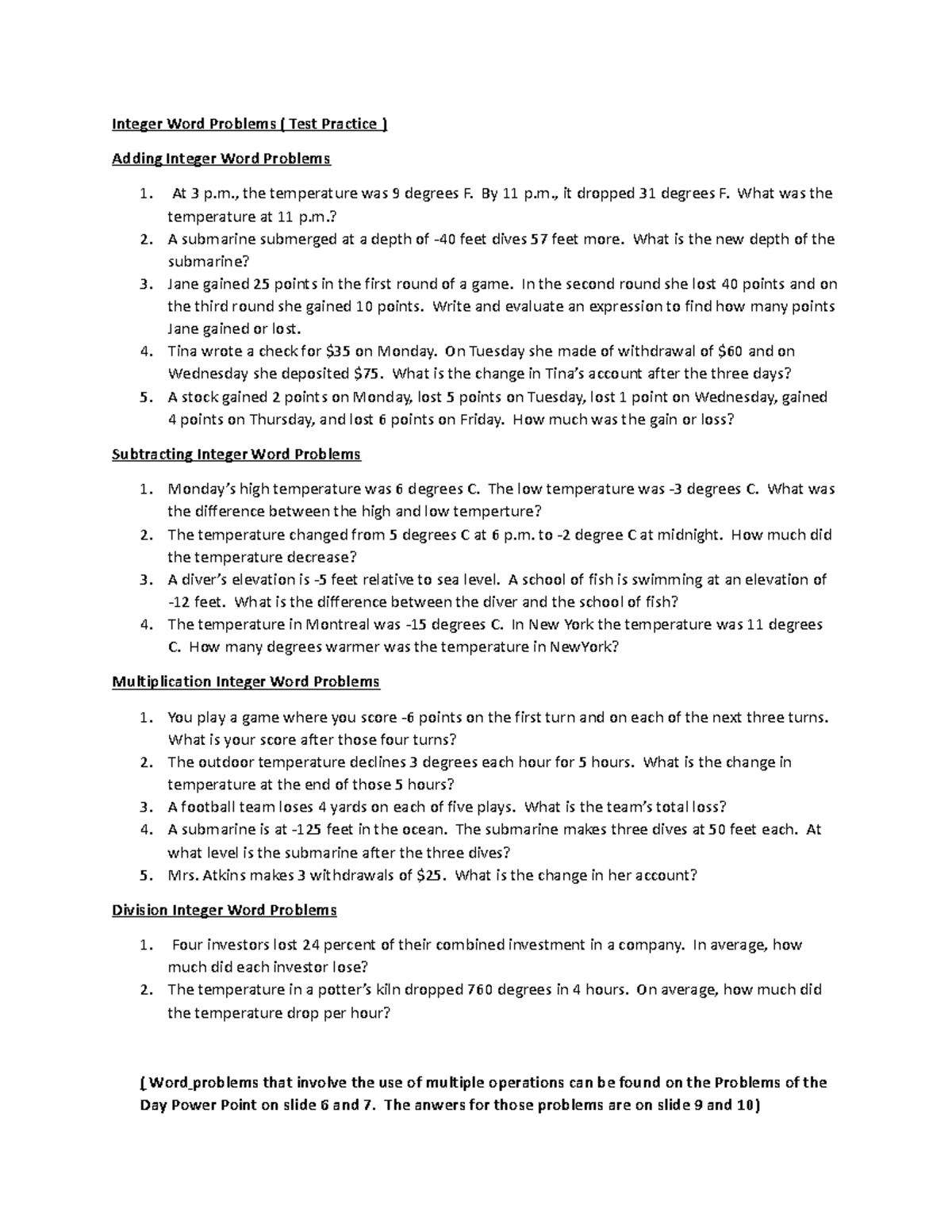 Integer Word Problems - Test Practice - , the temperature was 9 degrees ...