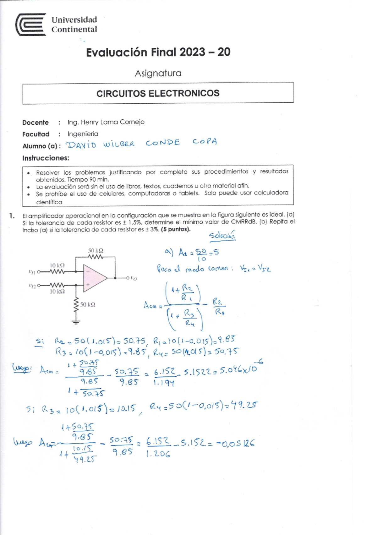 Resolución Evaluación Final Circuitos Electronicos 2023 David Wilber Conde COPA - Universidad ...