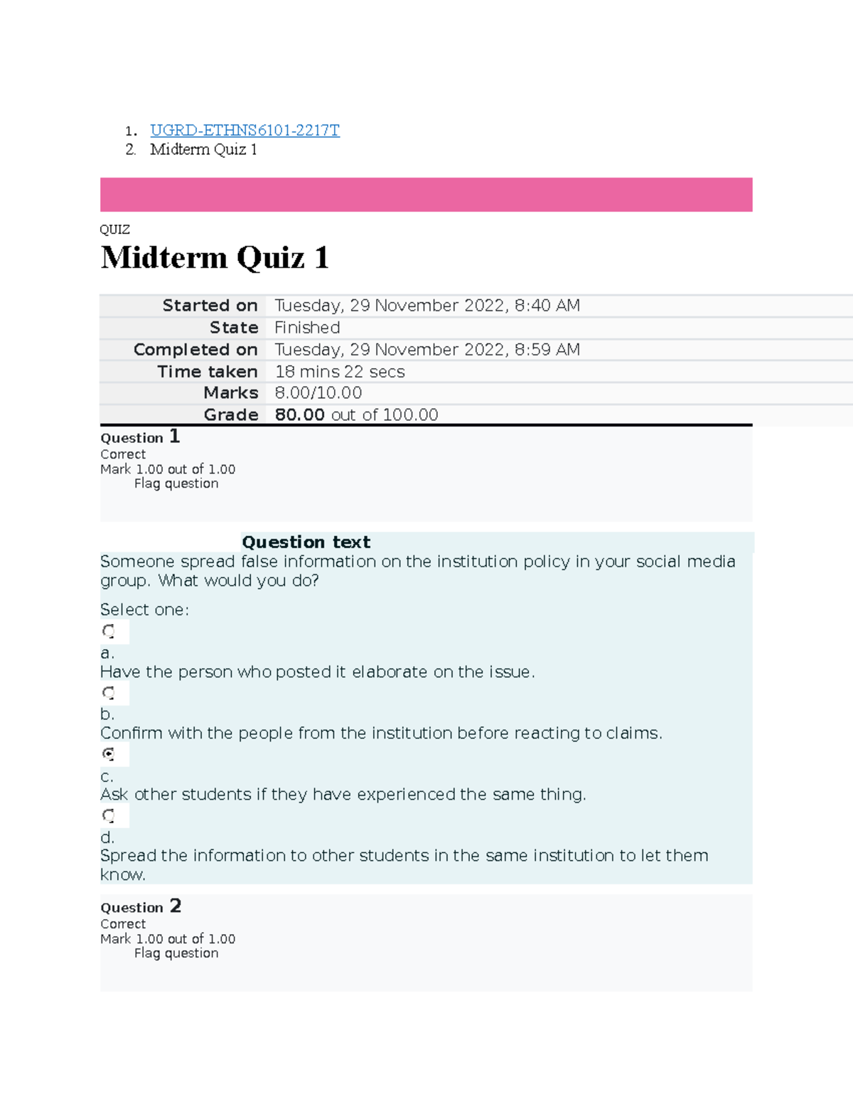 UGRD- Ethns 6101 Euthenics 1 Med Term - 1. UGRD-ETHNS6101-2217T Midterm Quiz 1 QUIZ Midterm Quiz ...