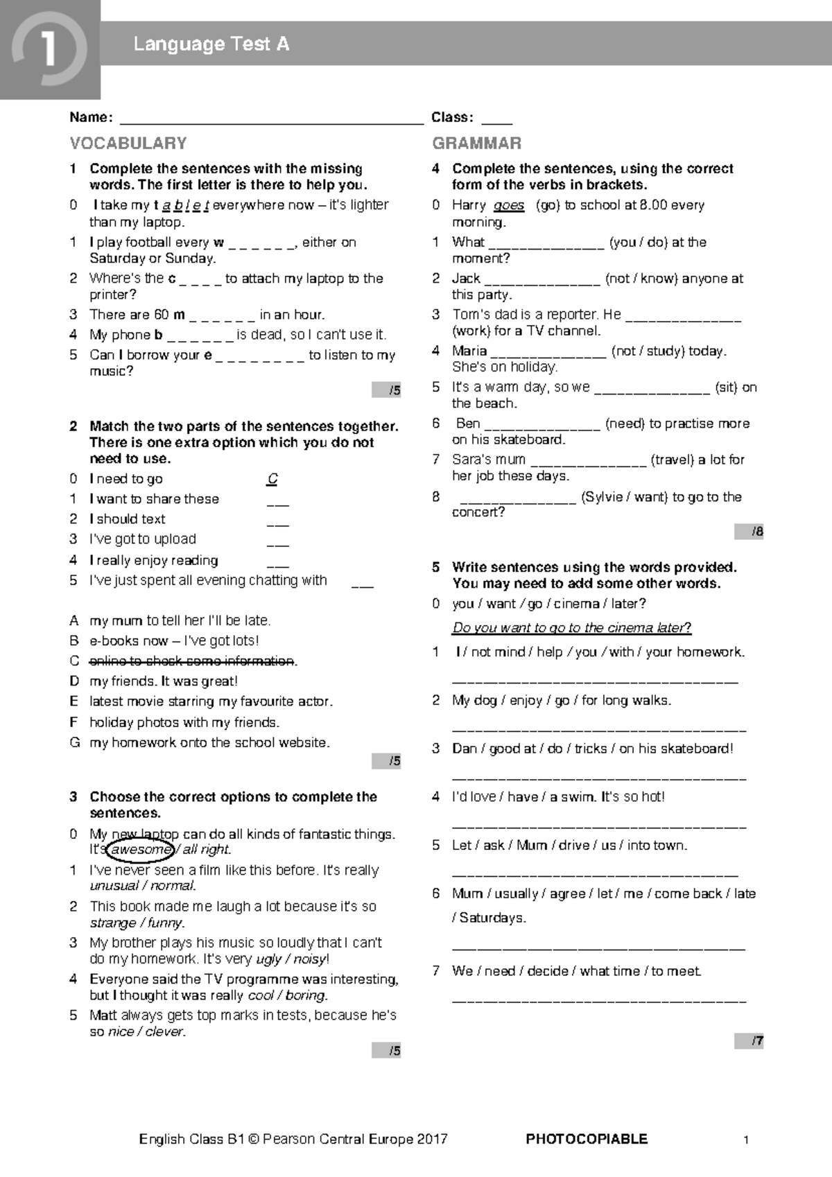ECB1 Tests Language Test 1A - English Class B1 © Pearson Central Europe ...
