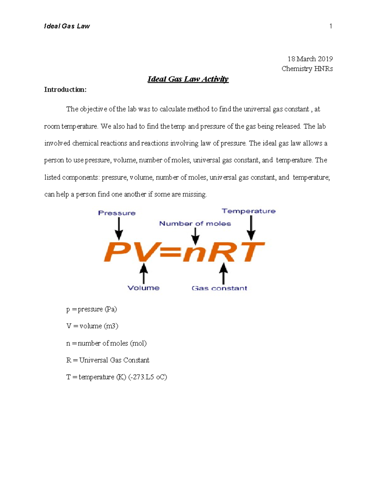 (Ideal gas) - chem - 18 March 2019 Chemistry HNRs Ideal Gas Law ...