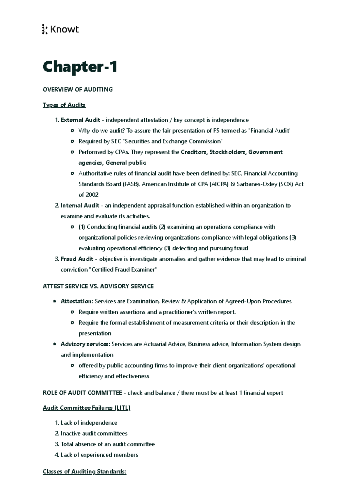 APr 105 Chapter 1 Notes - Chapter- OVERVIEW OF AUDITING Types of Audits ...