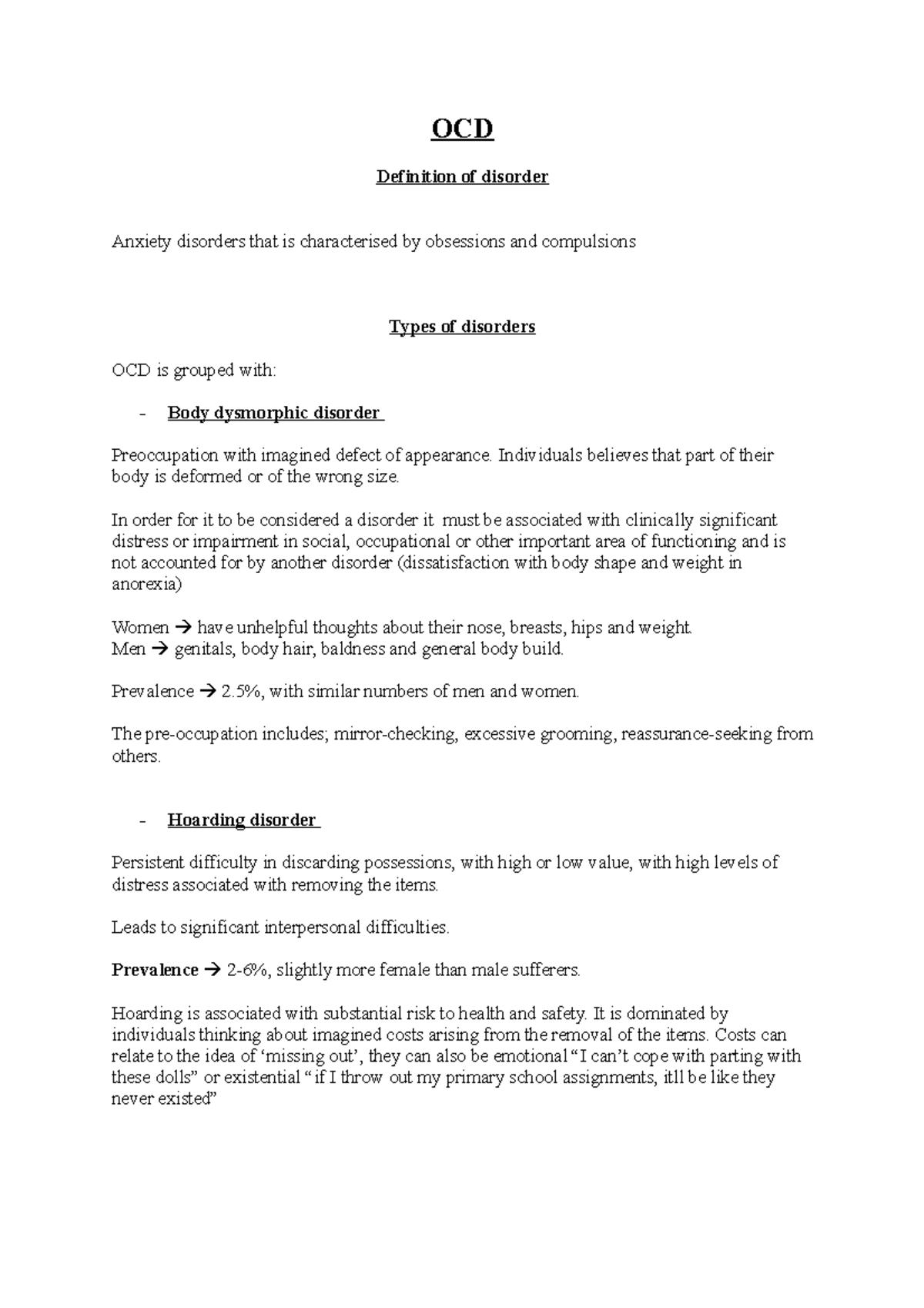 OCD Notes - OCD Definition of disorder Anxiety disorders that is ...