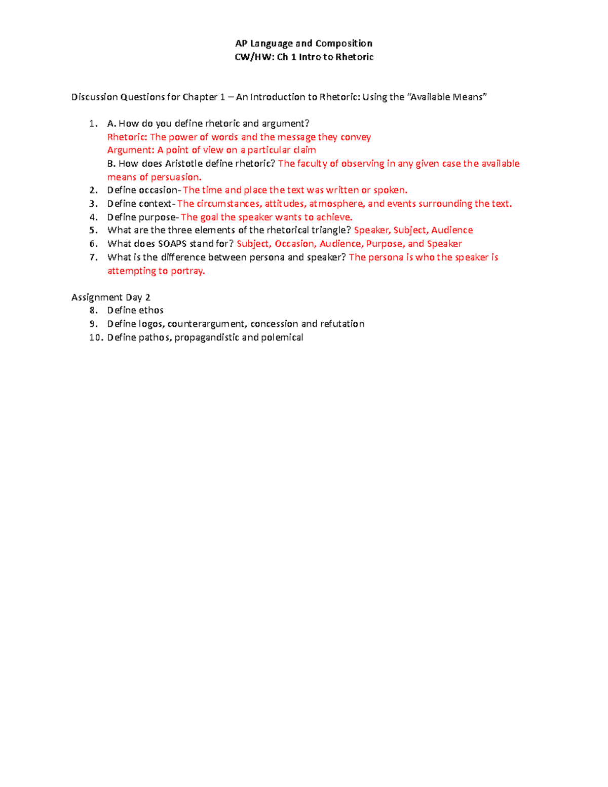 Ch 1 intro to rhetoric Questions - AP Language and Composition CW/HW ...
