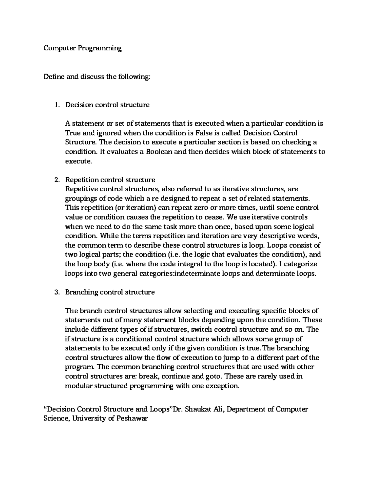 Computer Programming 3 Computer Programming Define And Discuss The Following Decision Control 