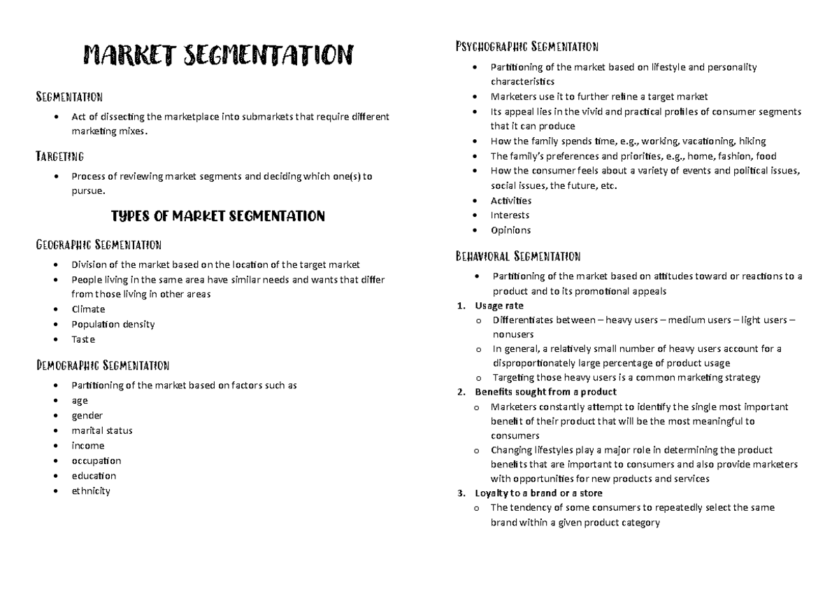 Market Segmentation - MARKET SEGMENTAT ION Segmentation • Act of ...
