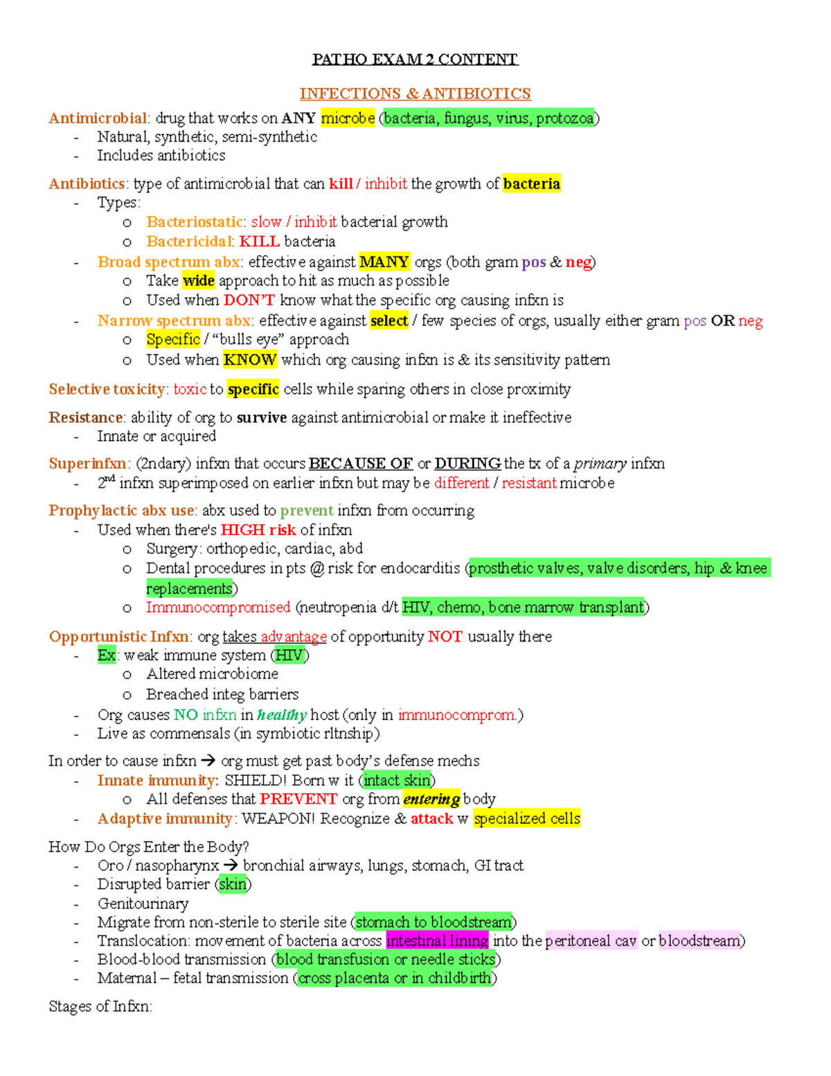 Patho EXAM 1 Content - PATHO EXAM 2 CONTENT INFECTIONS & ANTIBIOTICS ...