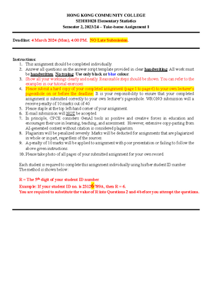 SEHH1028 Chapter 2 - Self-Revision Exercises - SEHH 1028 – Elementary Statistics Chapter 2 ...