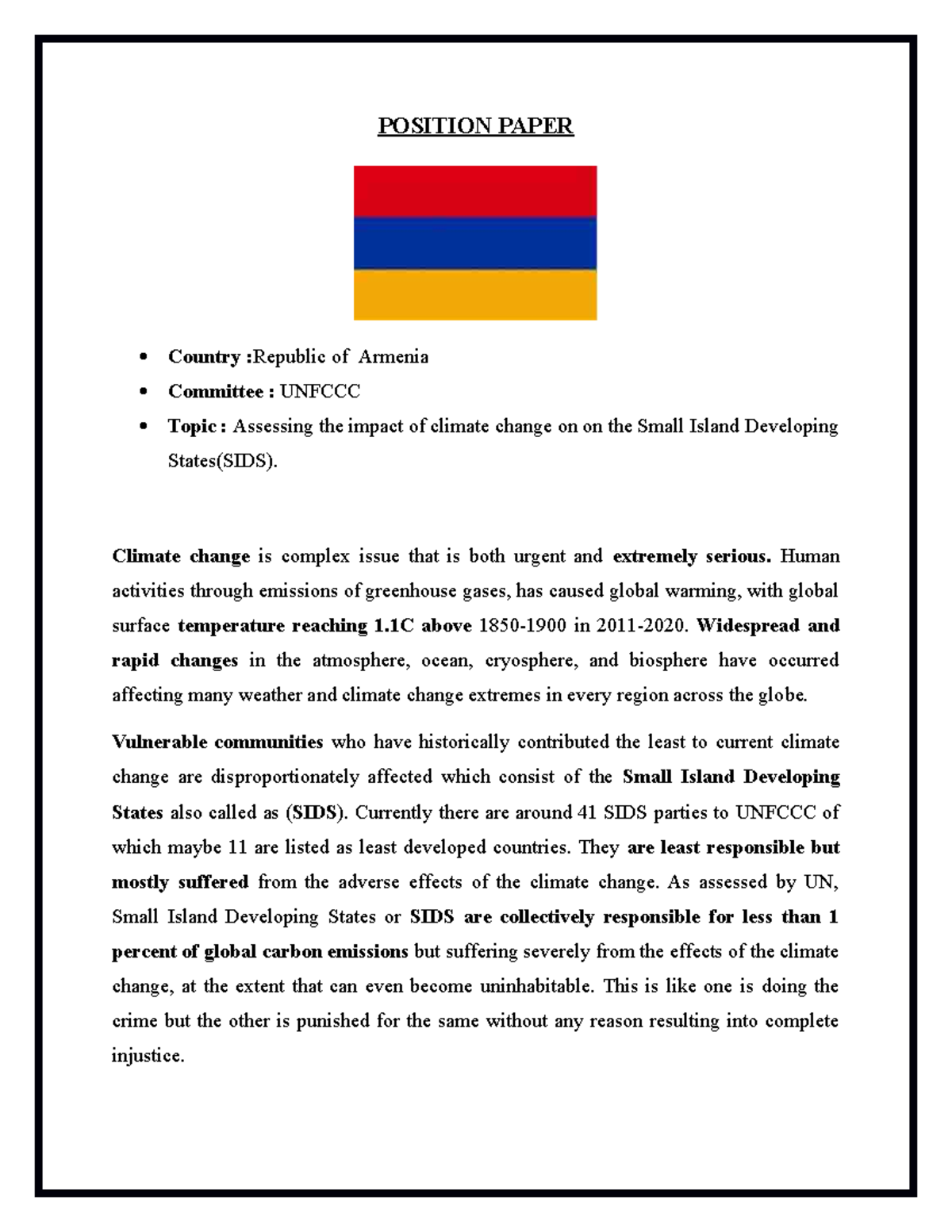 Position Paper - helpful for MUN - POSITION PAPER Country :Republic of ...