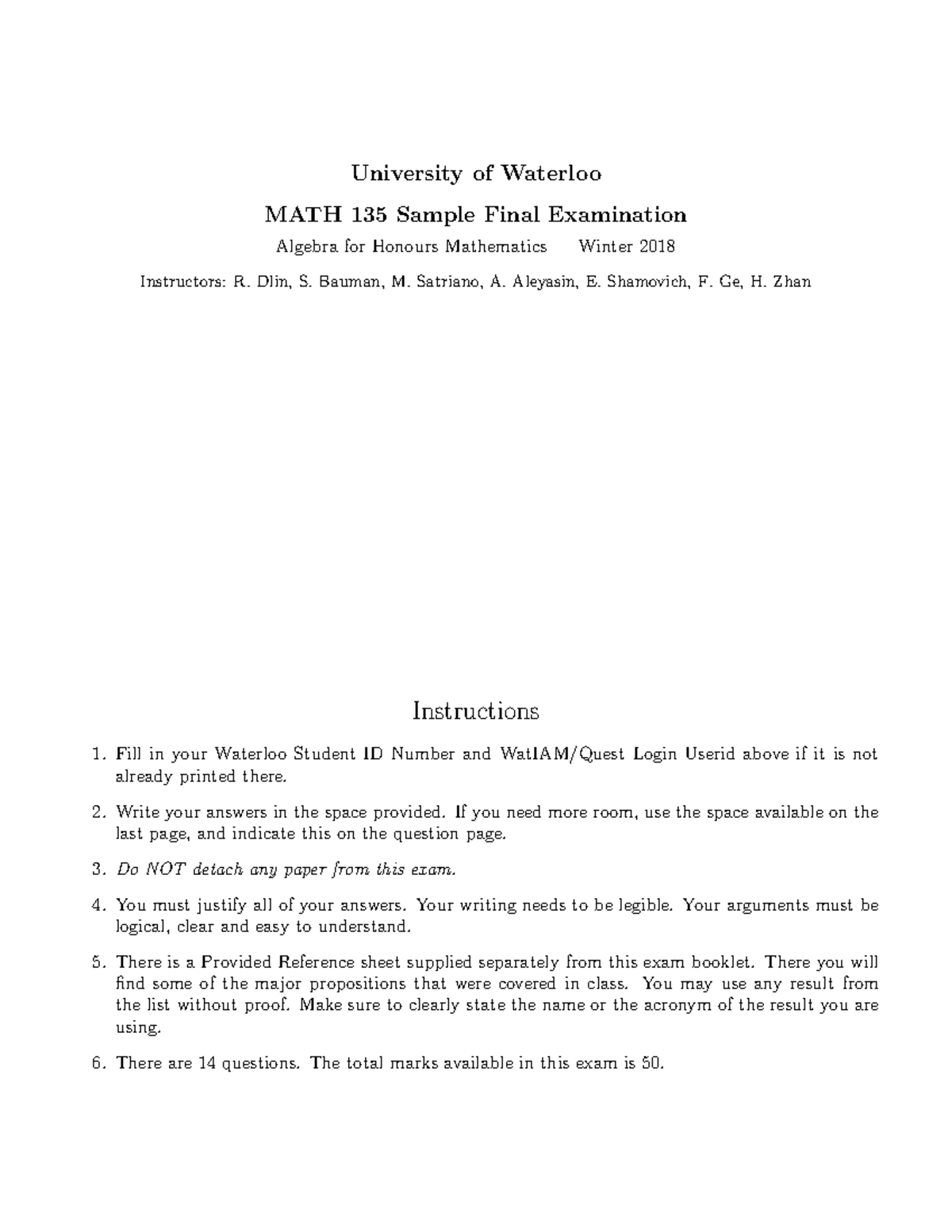 Final Exam September 2018, questions - University of Waterloo MATH 135 ...