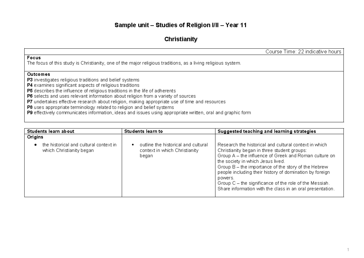 Studies of religion year 11 sample unit christianity - Sample unit ...
