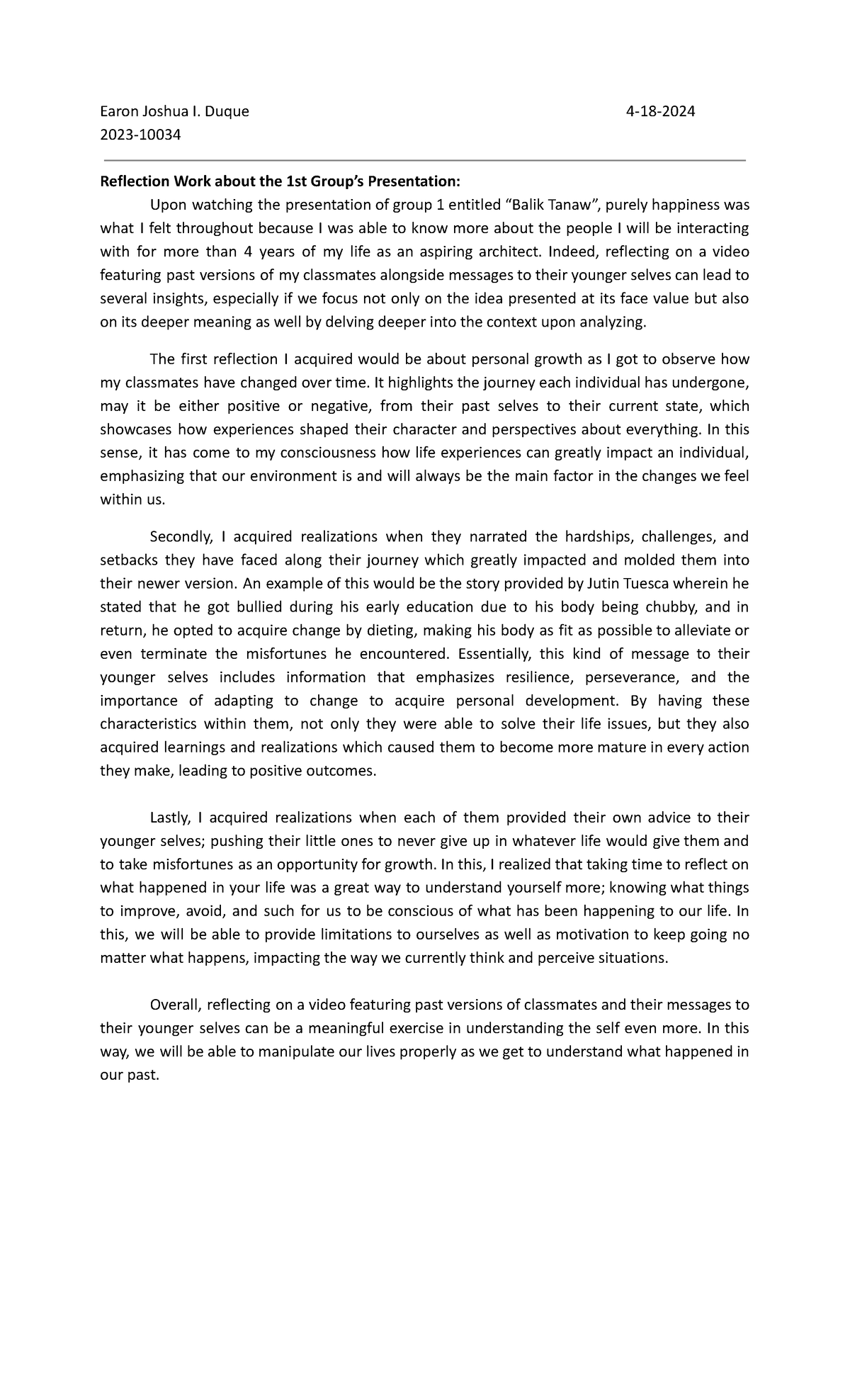 Reflection Paper - Earon Joshua I. Duque 4-18- 2023- Reflection Work ...